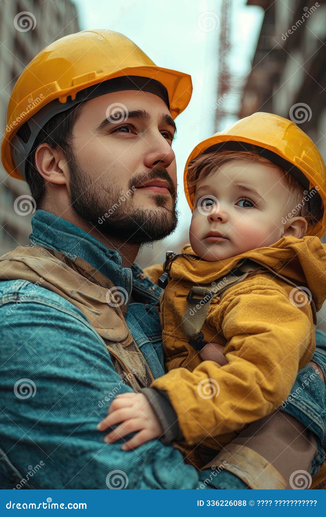 A Male Construction Worker with a Small Son. Selective Focus Stock ...
