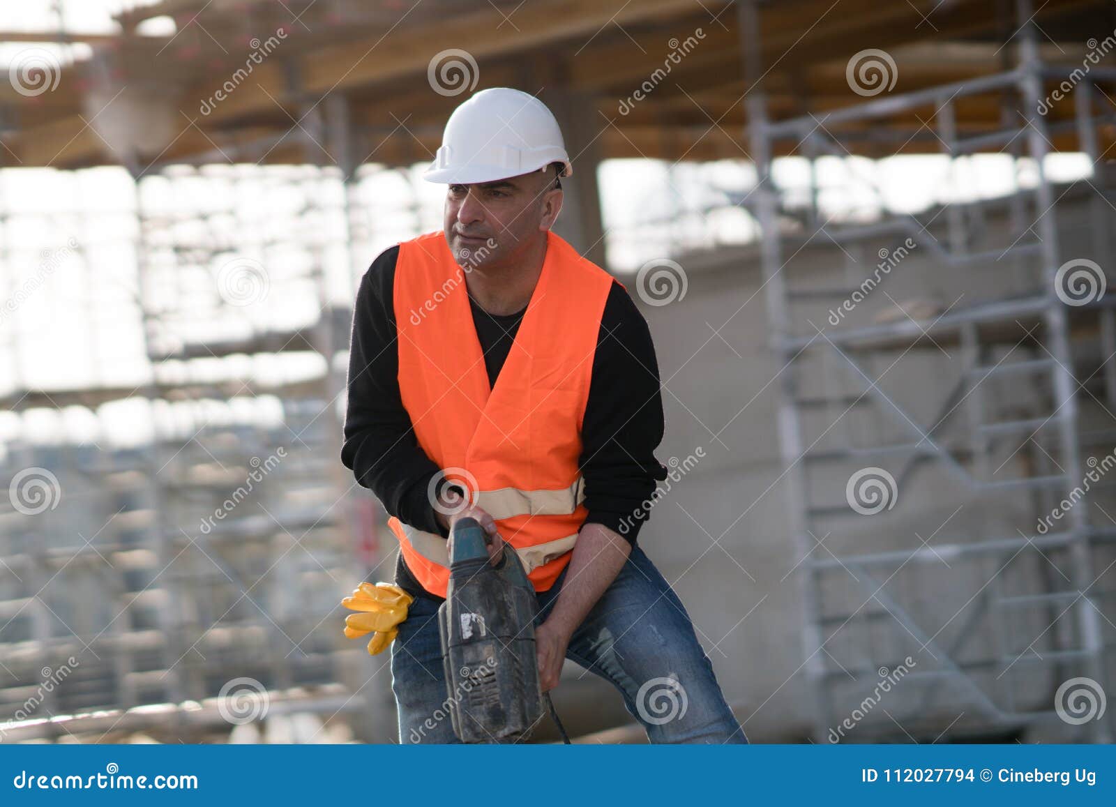 Male Construction Worker Using Jackhammer Stock Photo - Image of ...