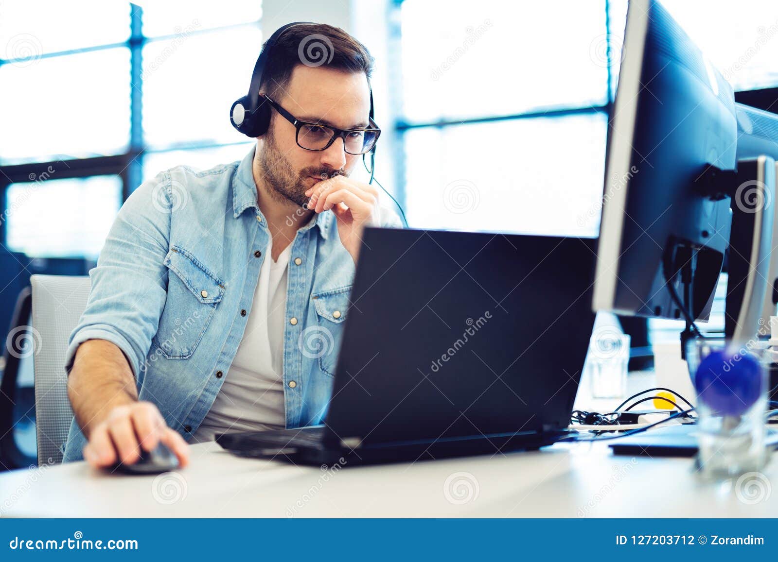 Male Consulting Manager with Headset in Office Stock Photo - Image of ...
