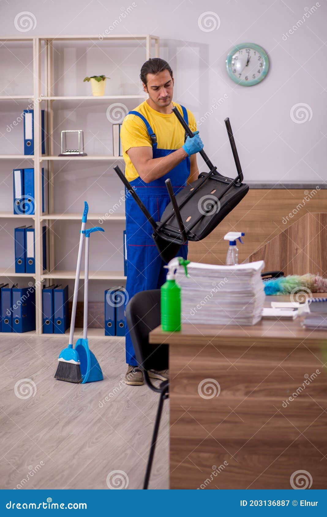 Young Male Contractor Cleaning the Office Stock Image - Image of ...