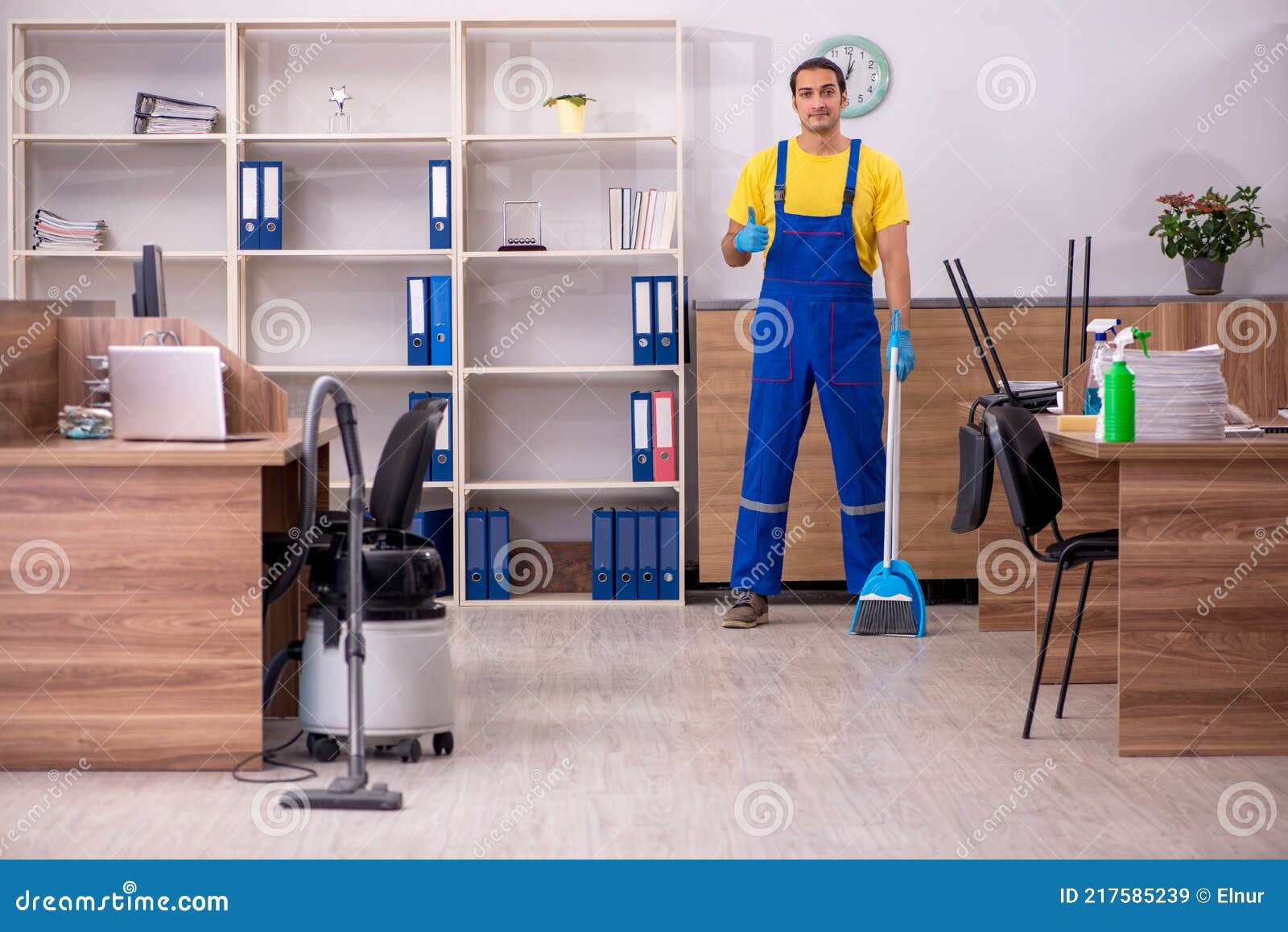 Young Male Contractor Cleaning the Office Stock Image - Image of wiping ...