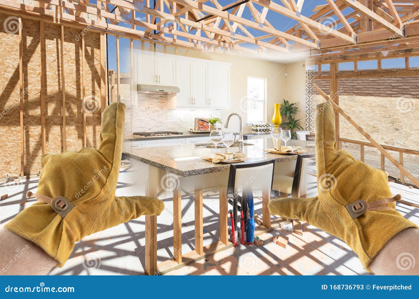 Male Contractor Hands Framing Completed Section of Kitchen Being Built ...