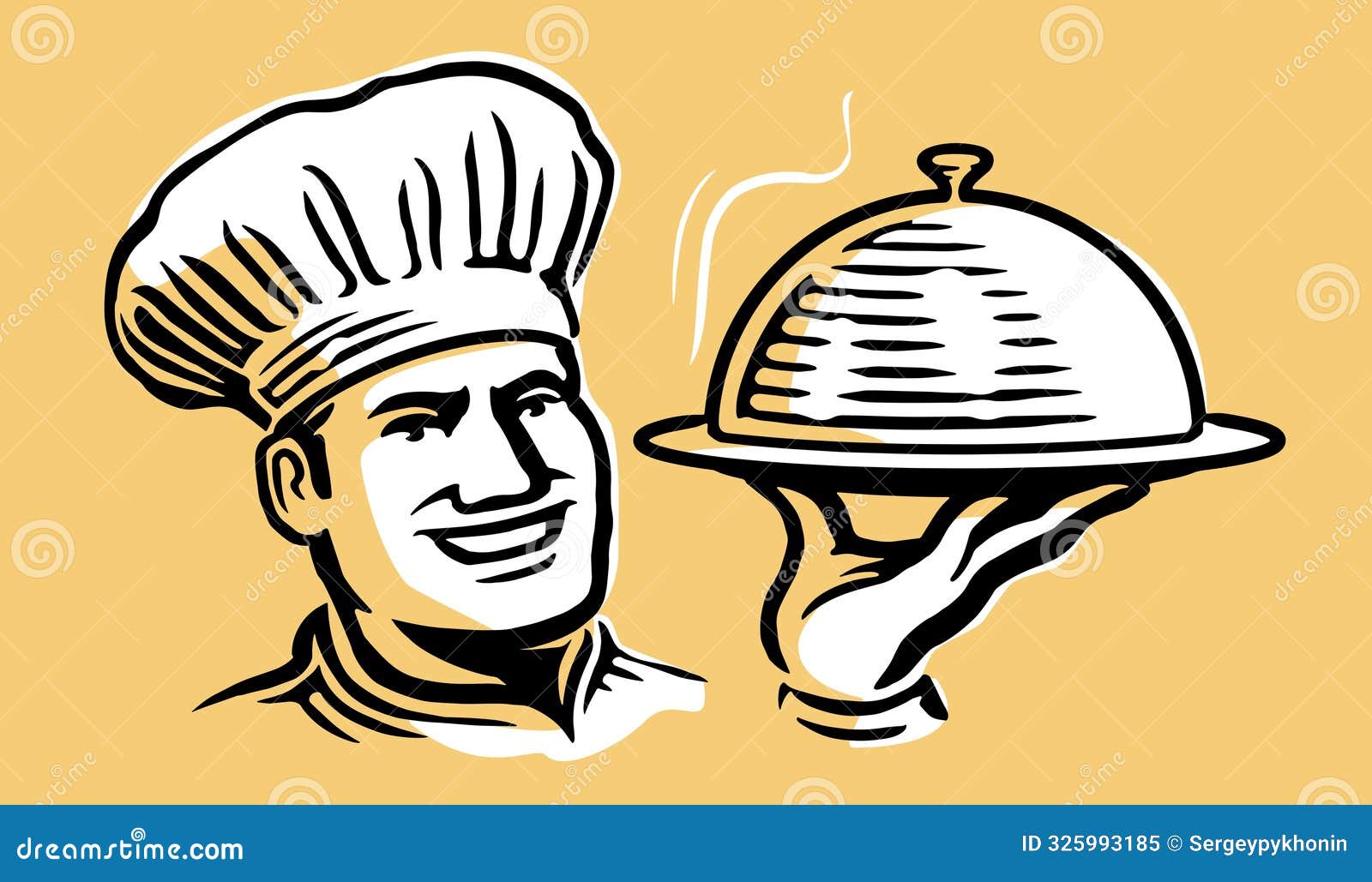 Chef with Tray. Male Cook and Cloche. Vector Illustration for ... Chef with Tray. Male Cook and Cloche. Vector Illustration for ...
