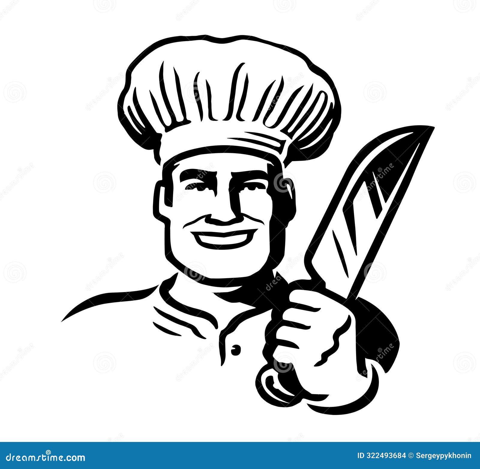 Male Cook with Knife Logo. Happy Chef in Hat, Emblem. Hand Drawn ... Male Cook with Knife Logo. Happy Chef in Hat, Emblem. Hand Drawn ...