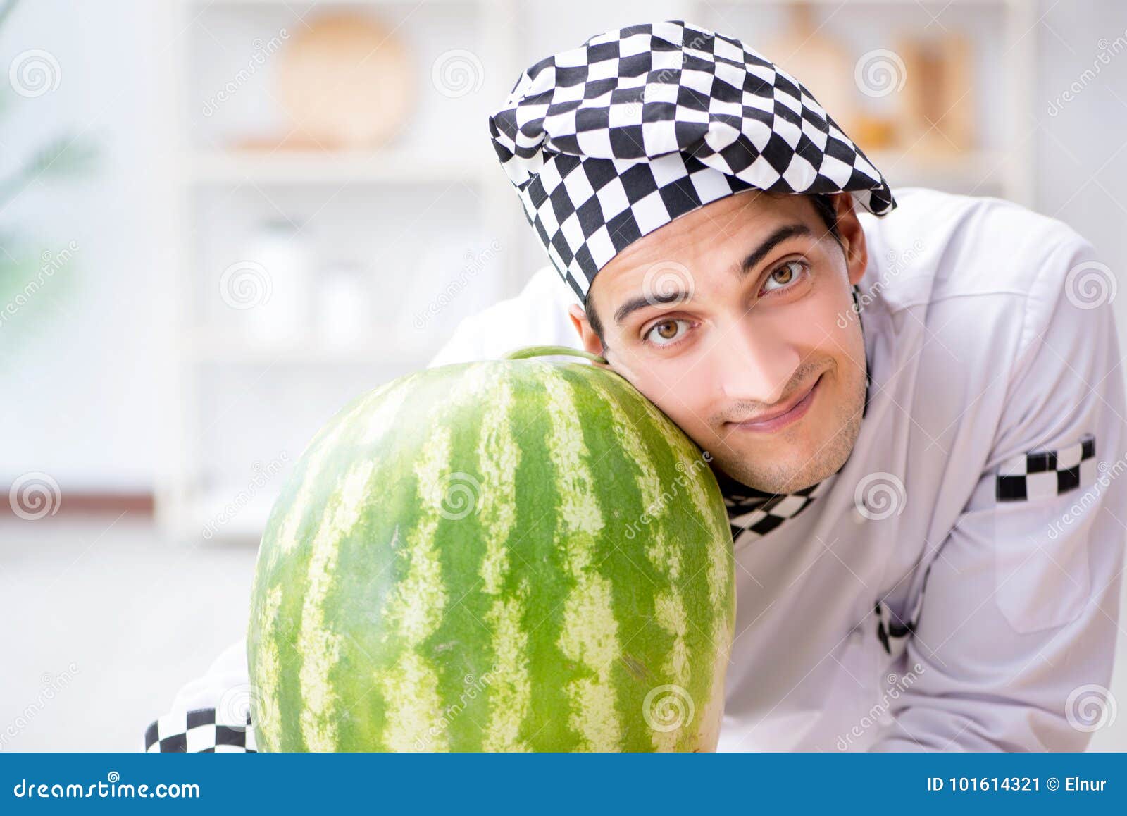 The Male Cook with Watermelon in Kitchen Stock Image - Image of fresh ...
