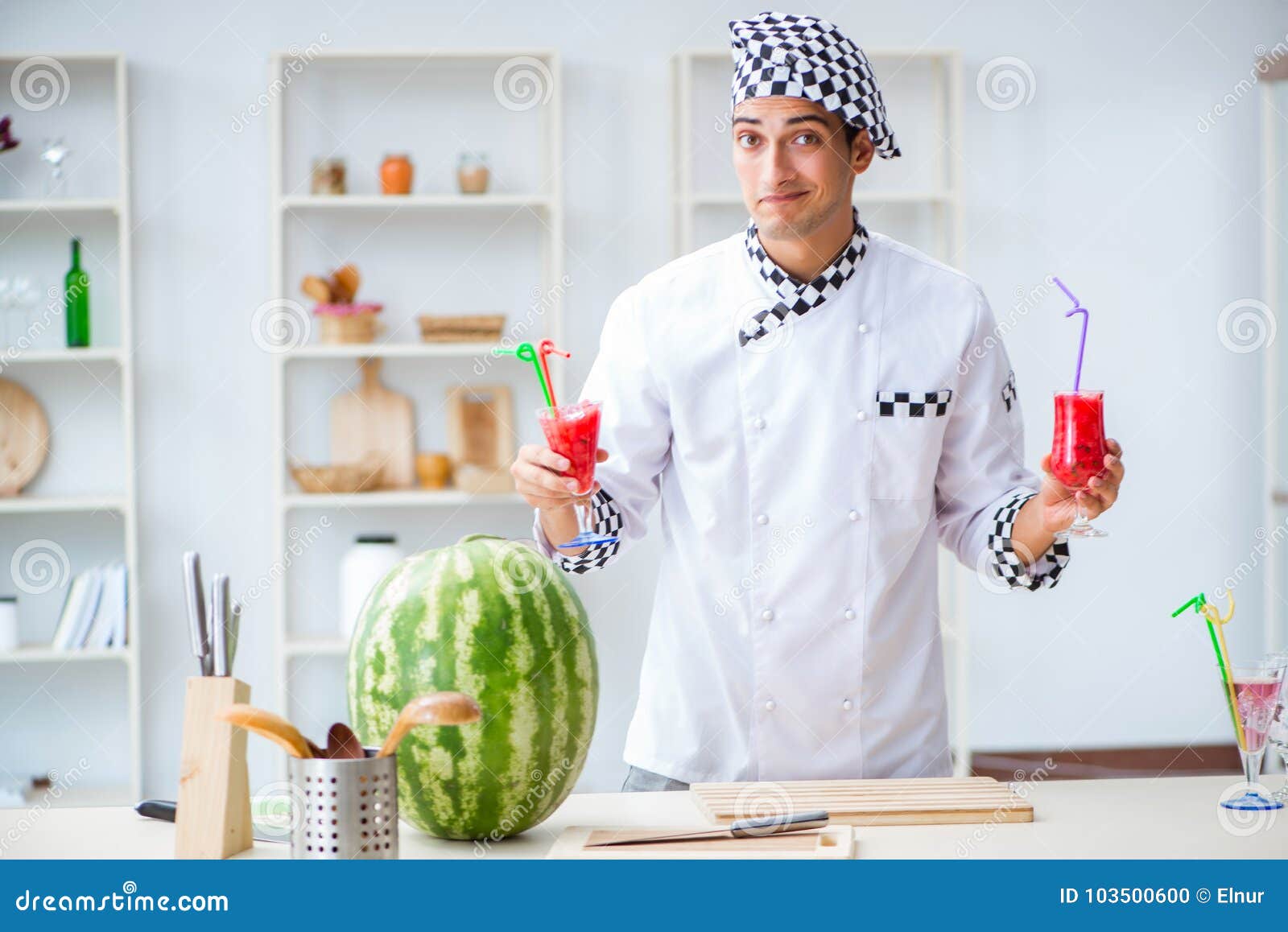 The Male Cook with Watermelon in Kitchen Stock Photo - Image of apron ...