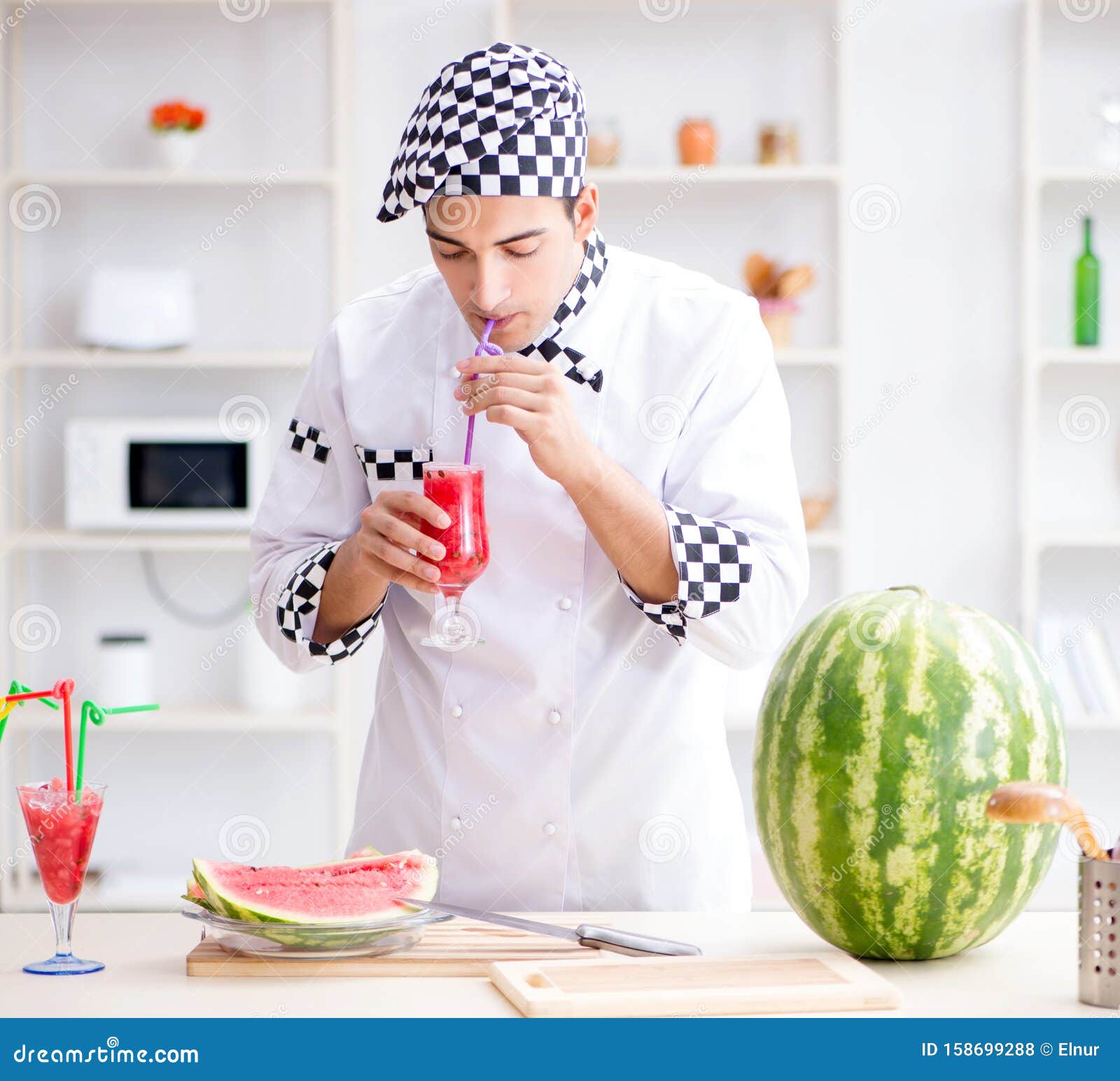 Male Cook with Watermelon in Kitchen Stock Photo - Image of nutrition ...