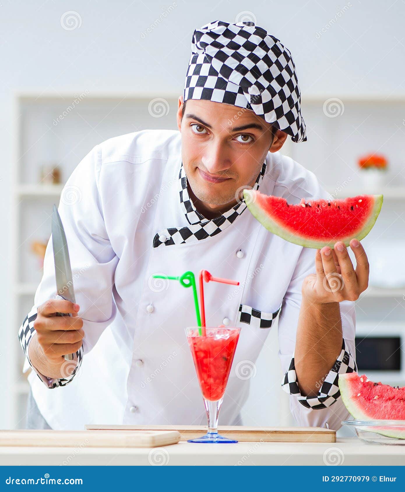 Male Cook with Watermelon in Kitchen Stock Image - Image of cocktail ...