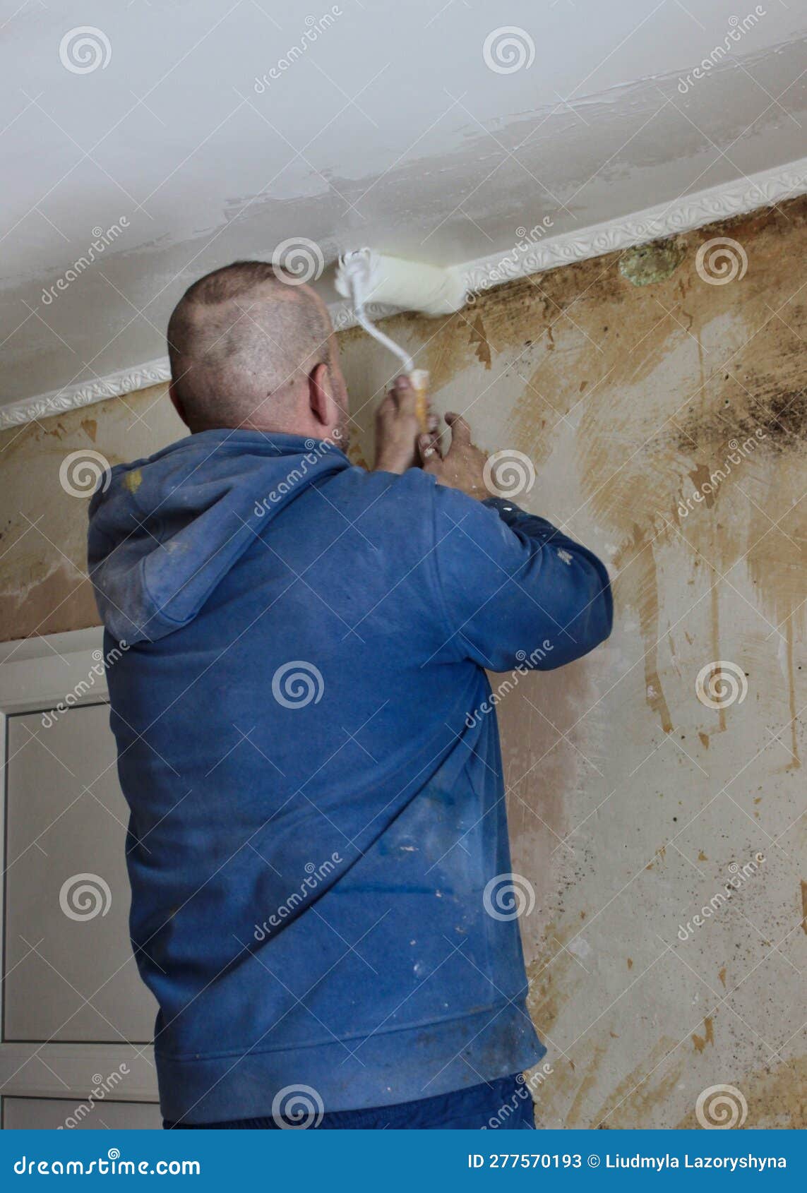 A Male Craftsman in a Blue Suit Paints the Ceiling with a Roller during ...