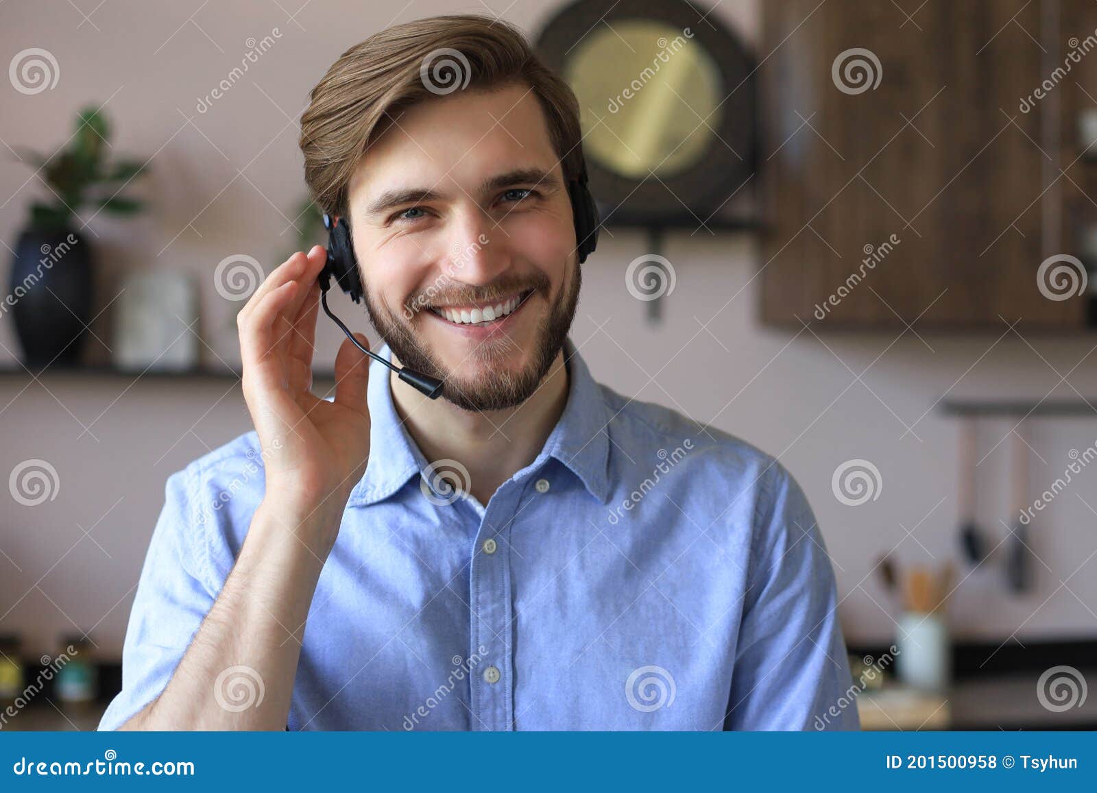 Male Customer Support Operator with Headset and Smiling Stock Photo ...