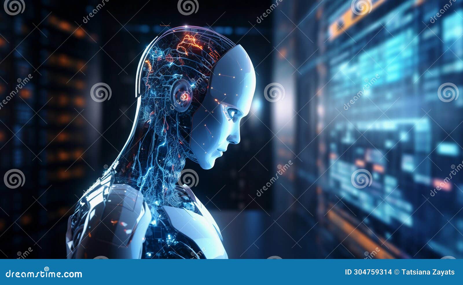 Male Cyber Analyzing Big Data. Futuristic Digital Mind Interface. Neon ...