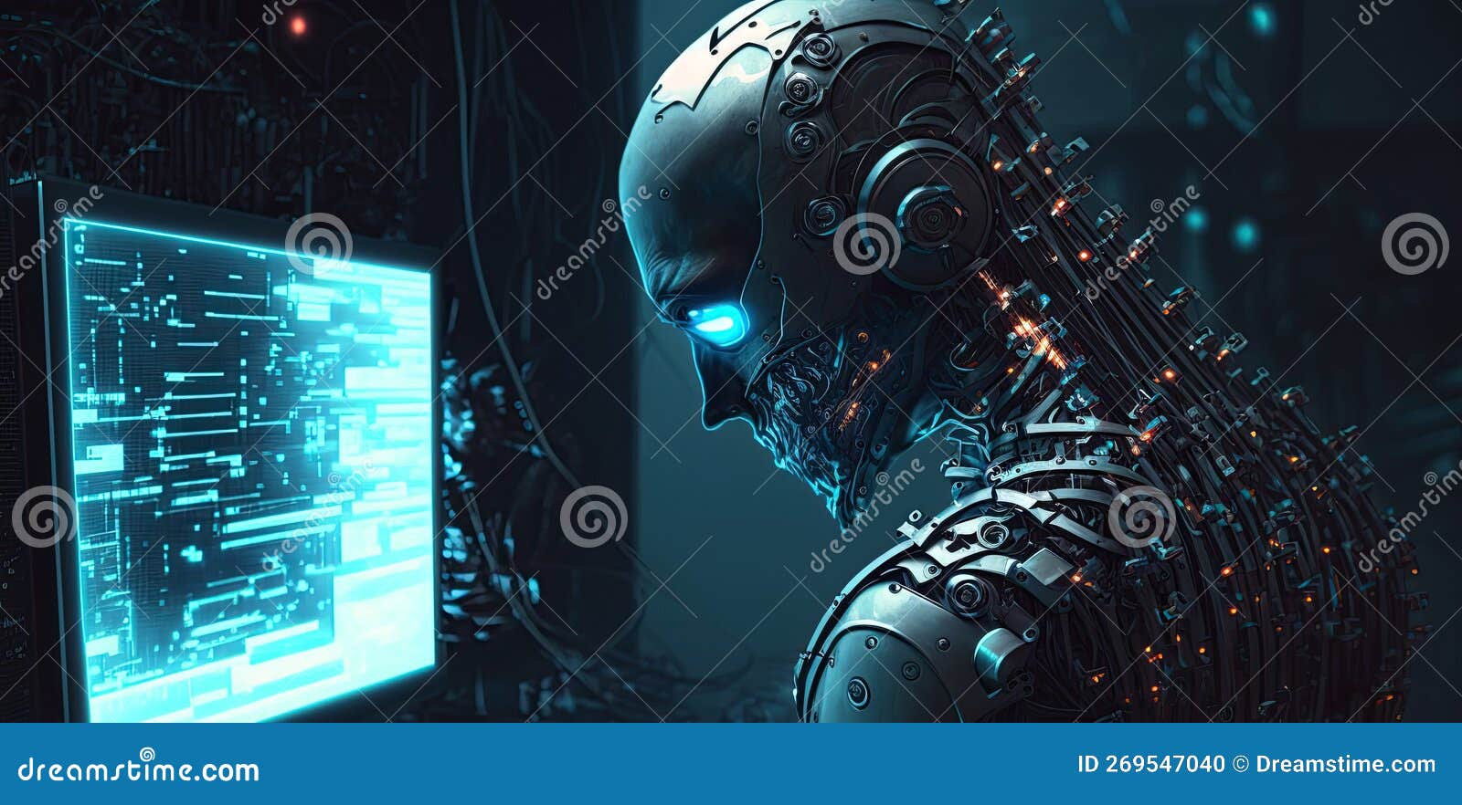 Male Cyborg Hacker Works for a Computer with a Database. Concept of the ...