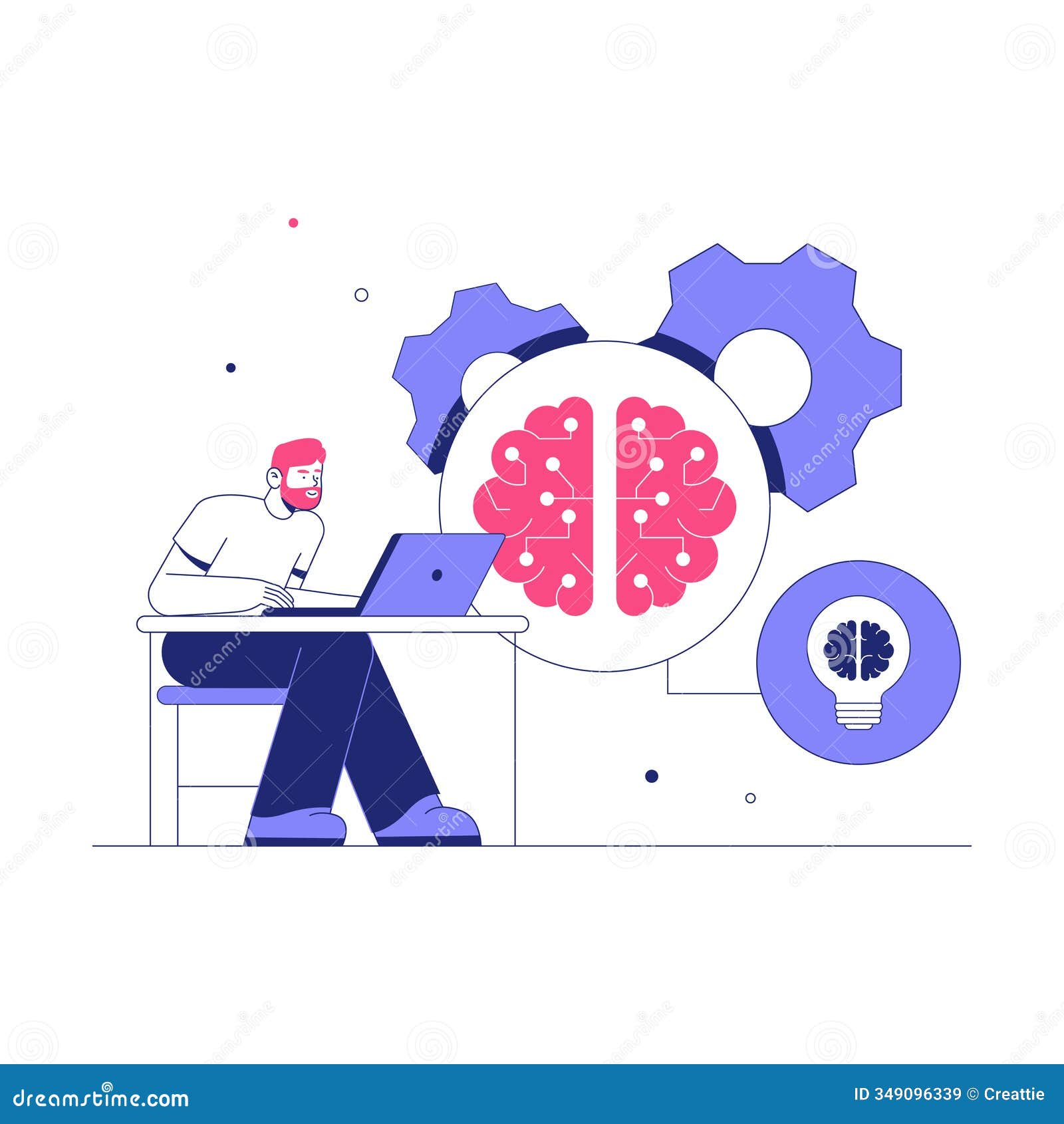 Male Data Analyst Working on Laptop with Brain and Gear Graphics in ...
