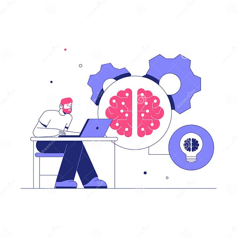 Male Data Analyst Working on Laptop with Brain and Gear Graphics in ...