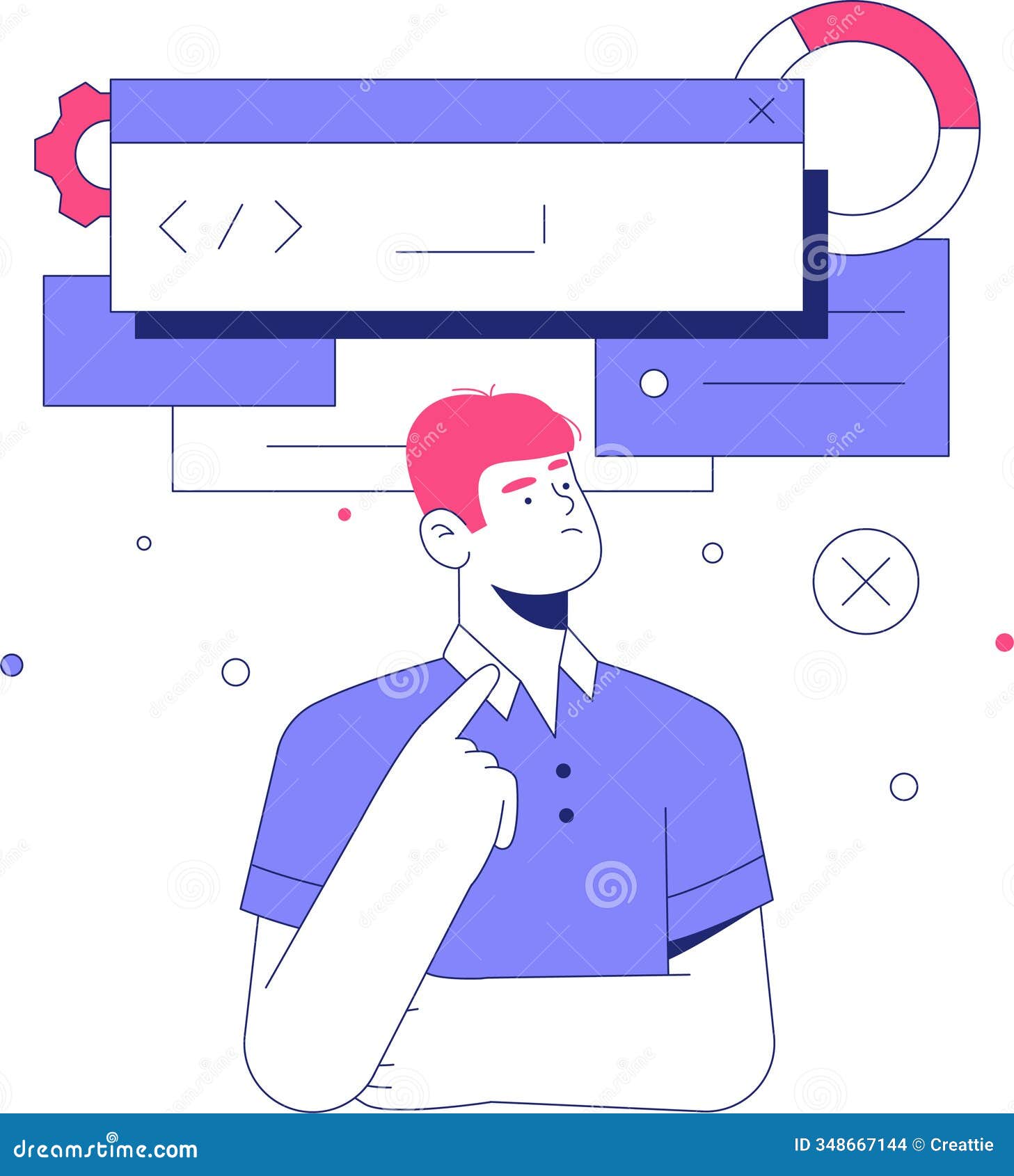 Male Developer Thinking with Coding Interfaces in Flat Vector ...