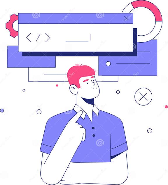 Male Developer Thinking with Coding Interfaces in Flat Vector ...