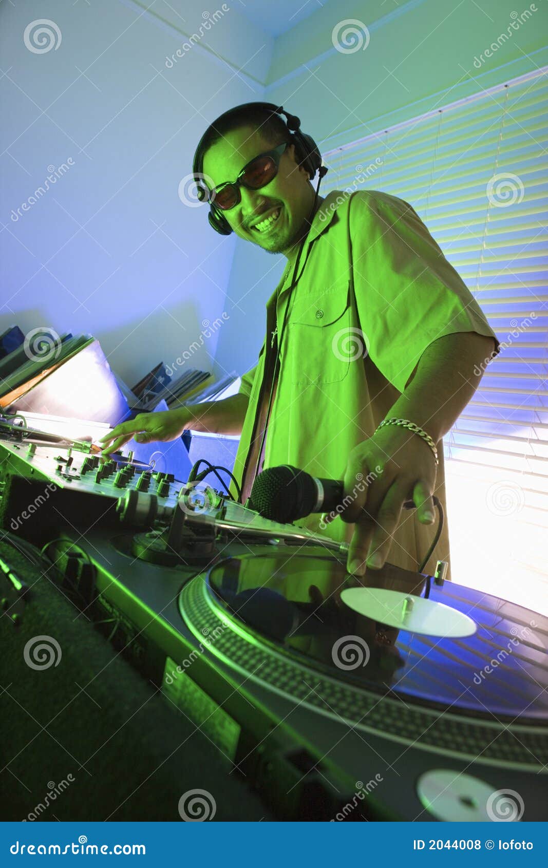 Male DJ with Hand on Record. Stock Photo - Image of equipment, color ...