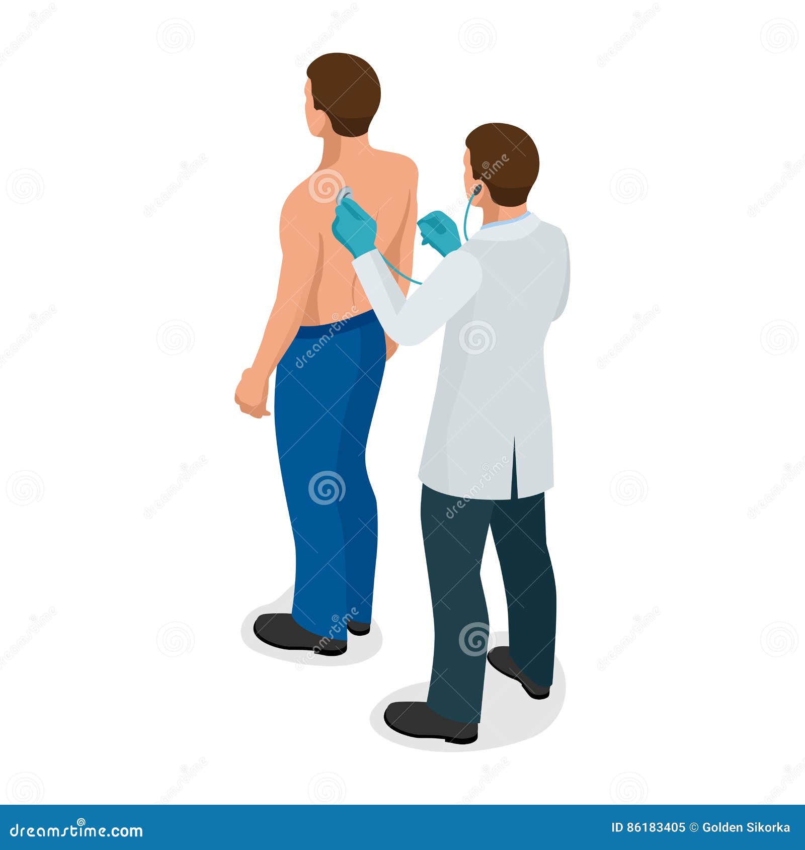 Male Doctor Examining A Patient With Stethoscope At Hospital Isometric