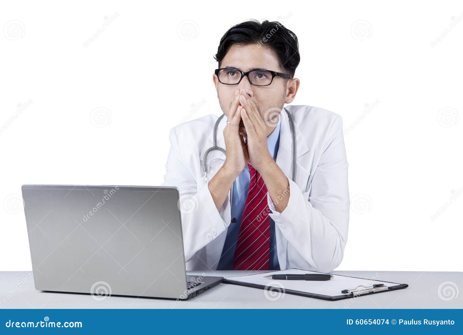 Male Doctor with Laptop Thinking Idea Stock Photo - Image of chin, male ...