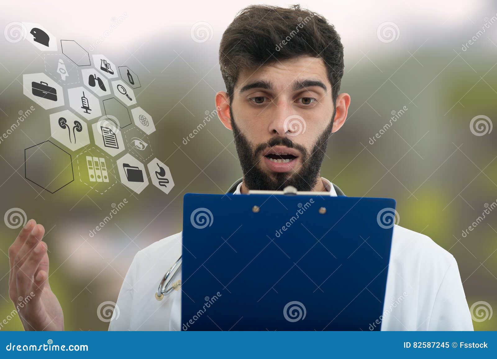 Male Doctor Standing with Folder, with Shocked Expression in Hospital ...