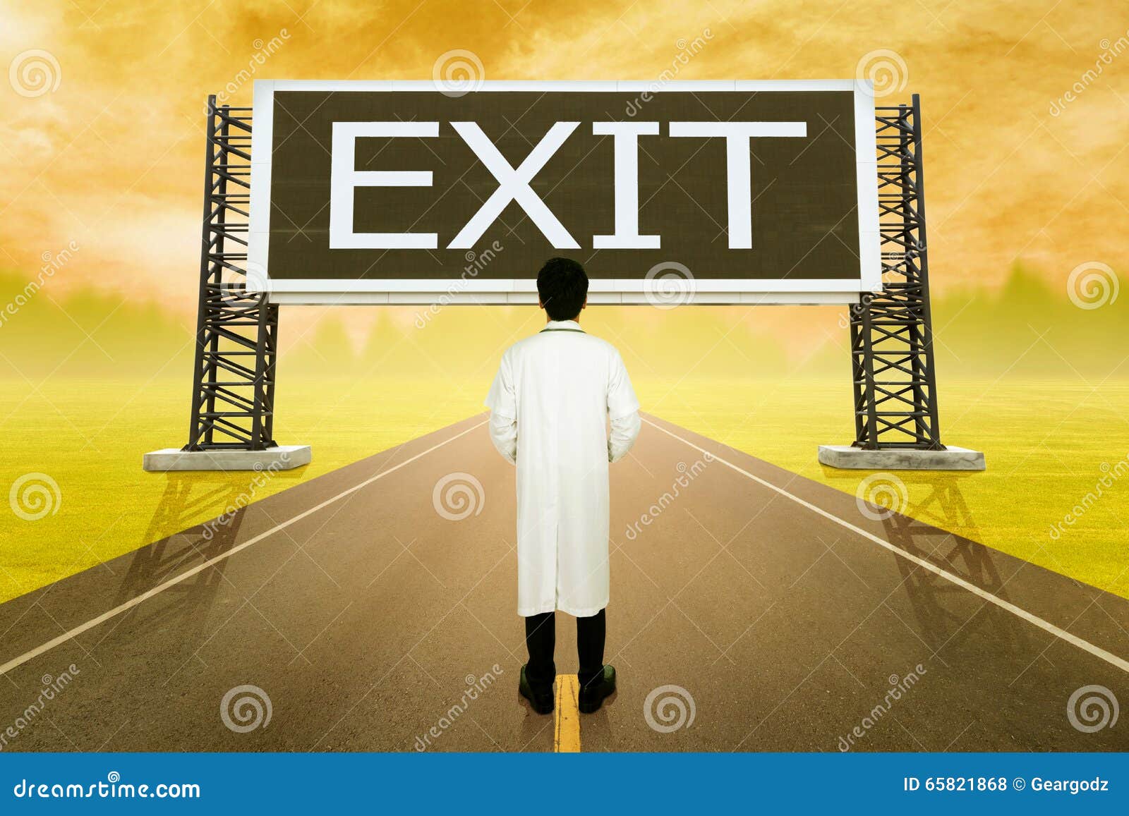 Male Doctor Standing on Road and Looking with Large Sign of Exit Stock ...