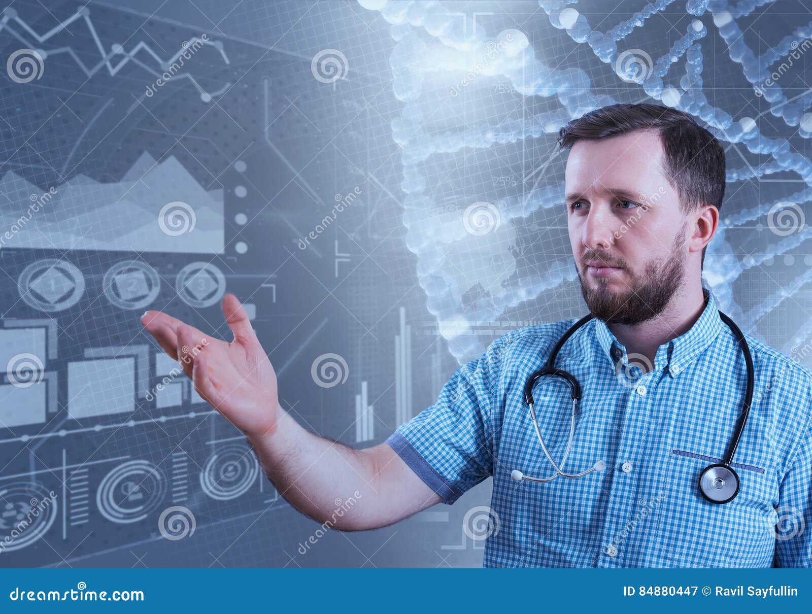 Male Doctor and Virtual Computer Interface in 3D Illustration Stock ...