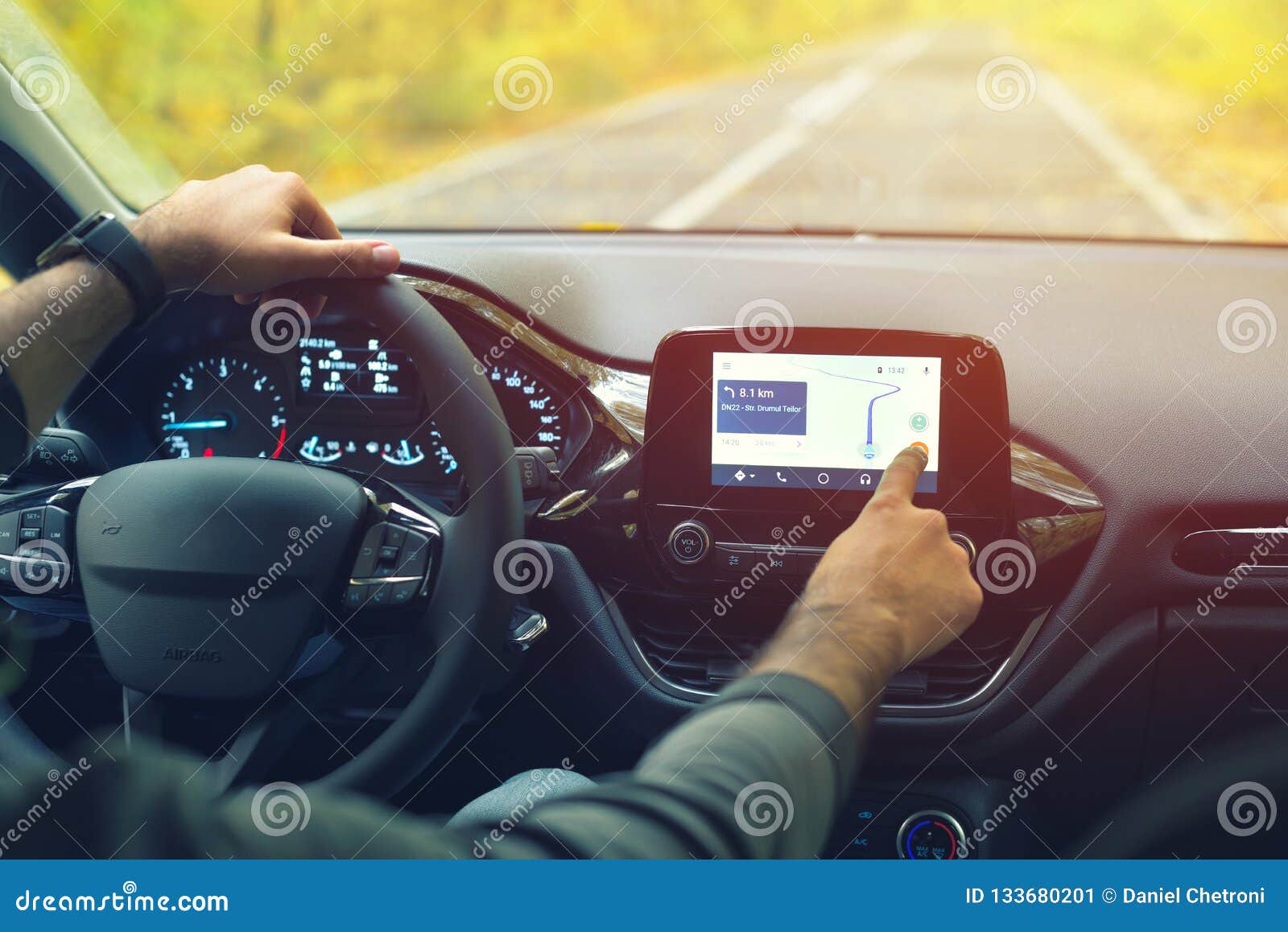 Male Driver Using Dashboard Screen Maps while Driving on Road in Stock ...