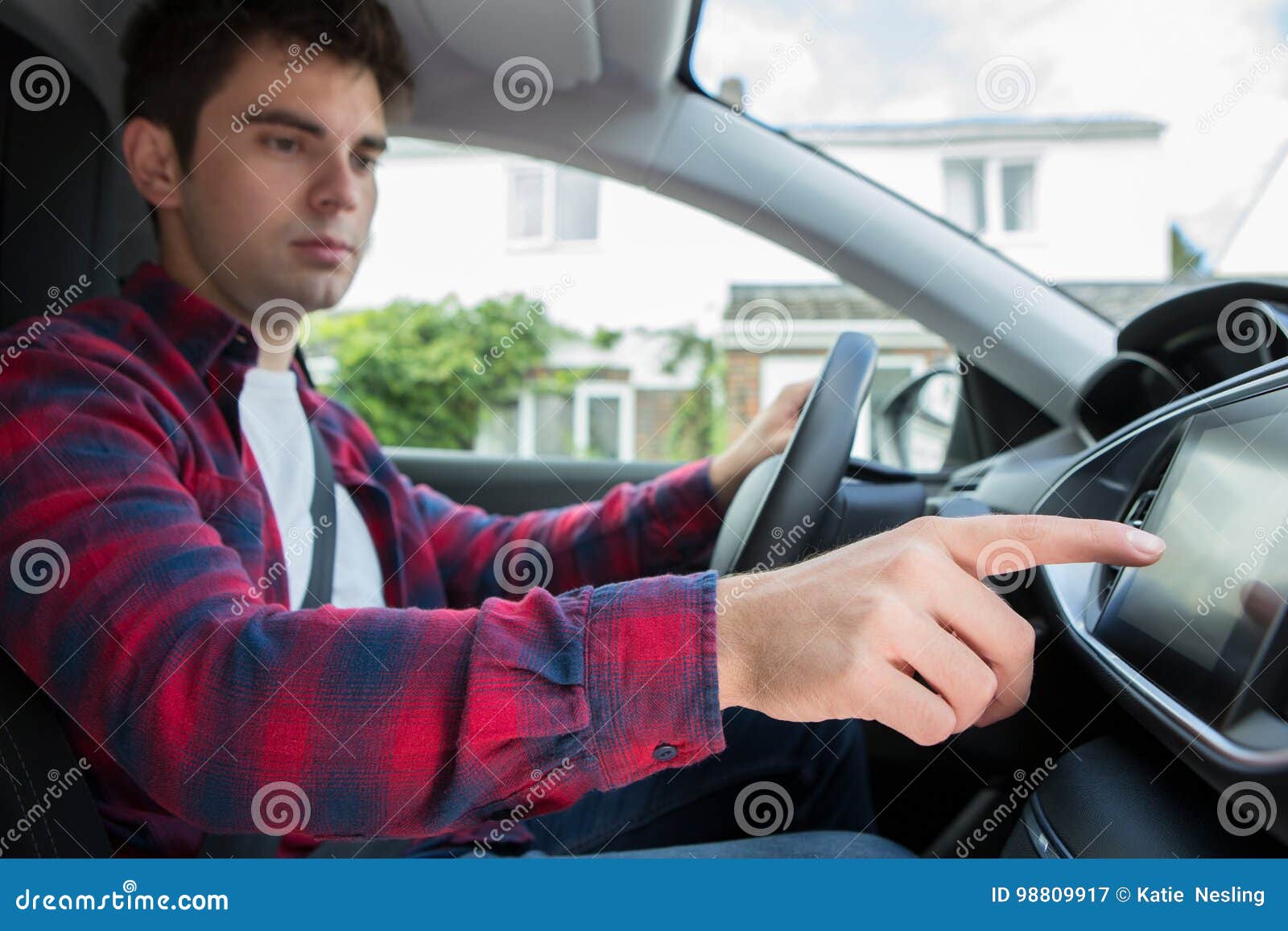 Male Driver Using Touchscreen in Car Stock Image - Image of moving ...