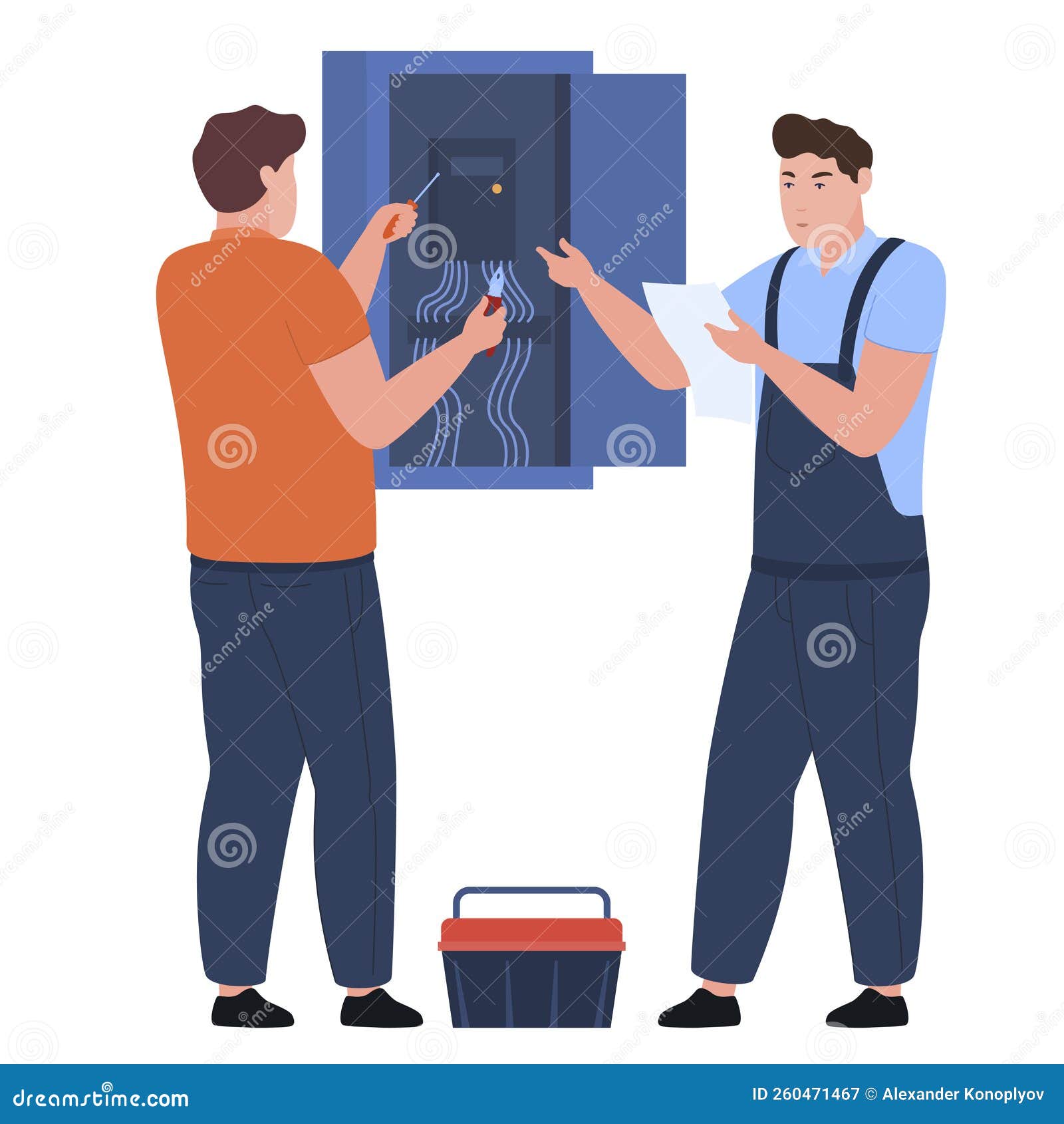 Male Electricians Checking Plan Circuit Switchboard Connection ...