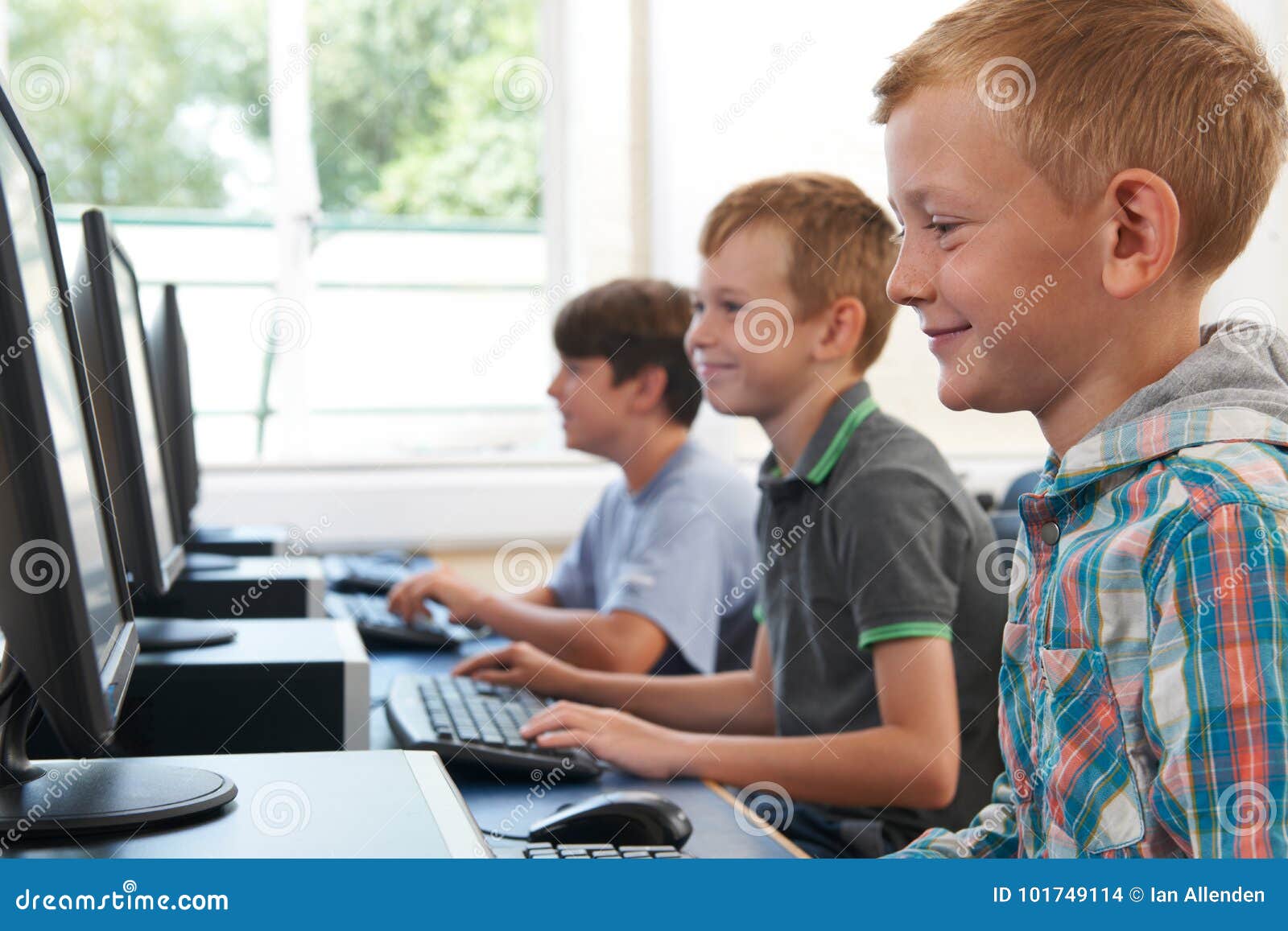 Group of Male Elementary School Children in Computer Class Stock Photo ...