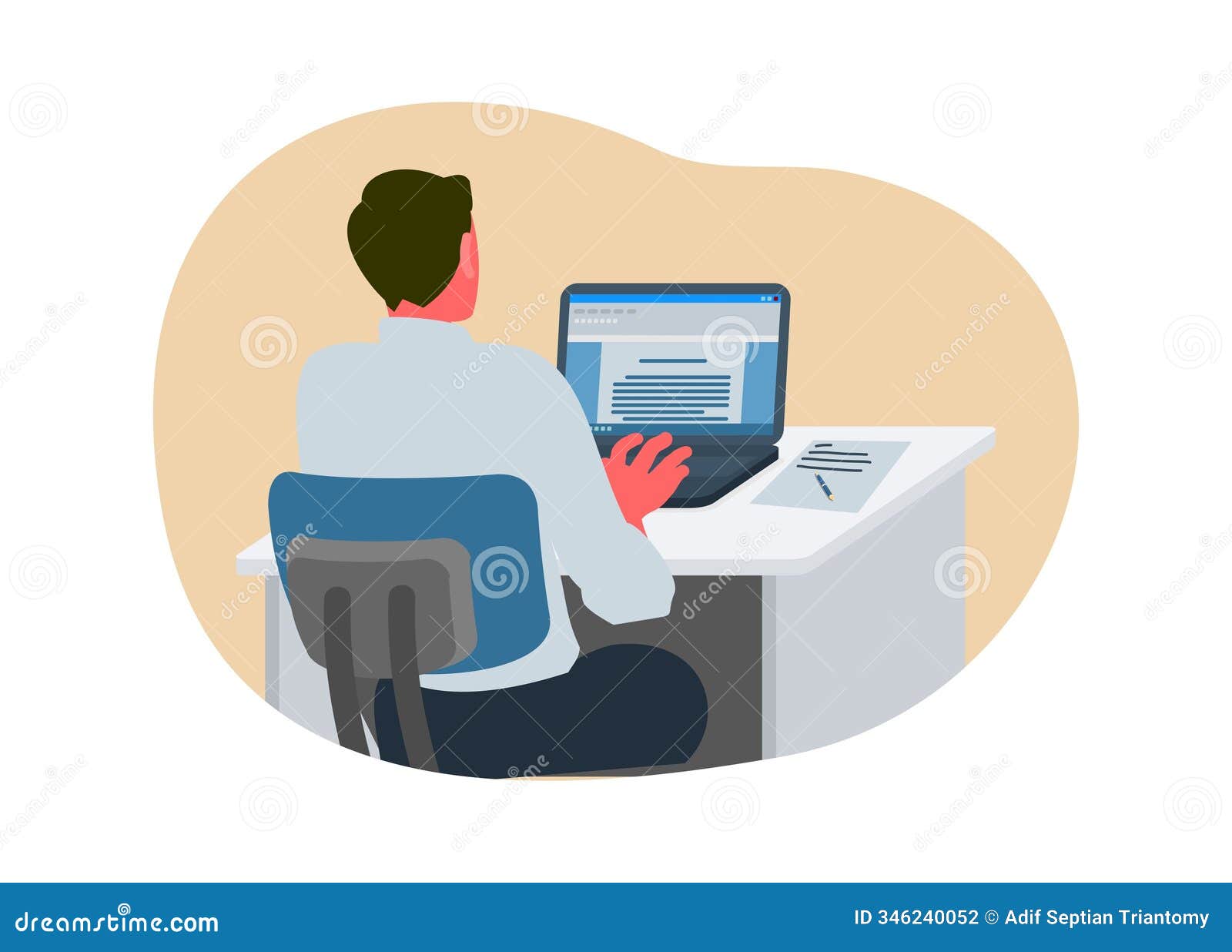 Male Employee Typing on the Laptop. Backside View. Simple Flat ...