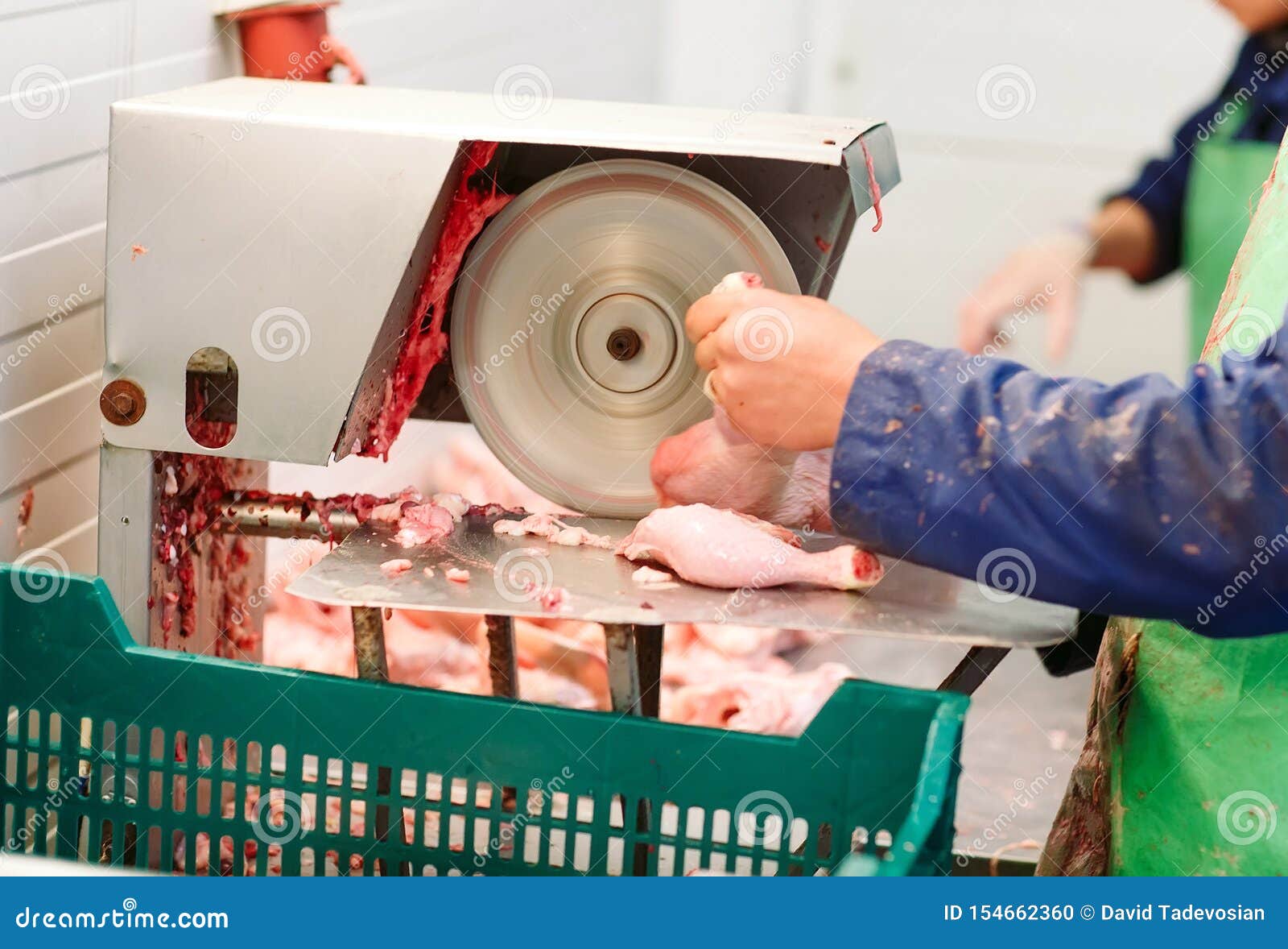 A Male Employee in Uniforms Cuts Meat on a Saw Stock Photo - Image of ...