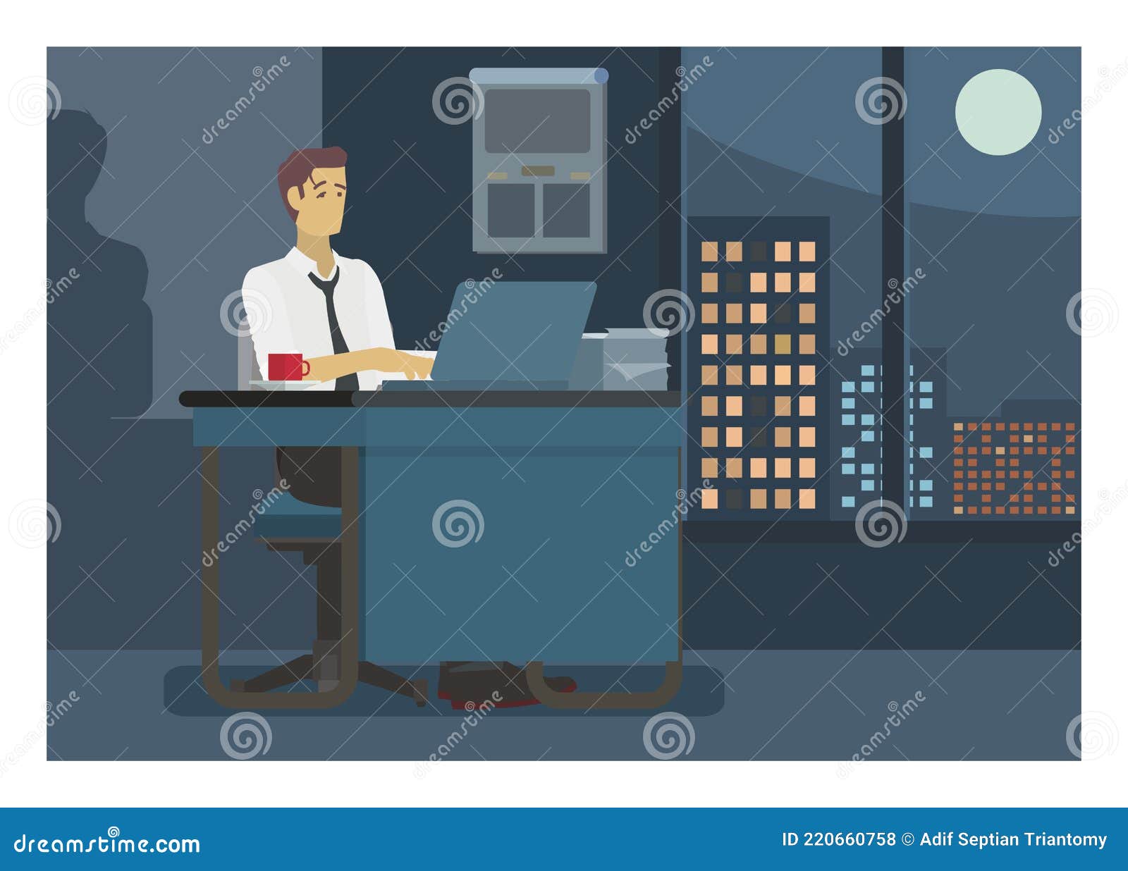 Male Employee Working Overnight in the Office. Simple Flat Illustration ...