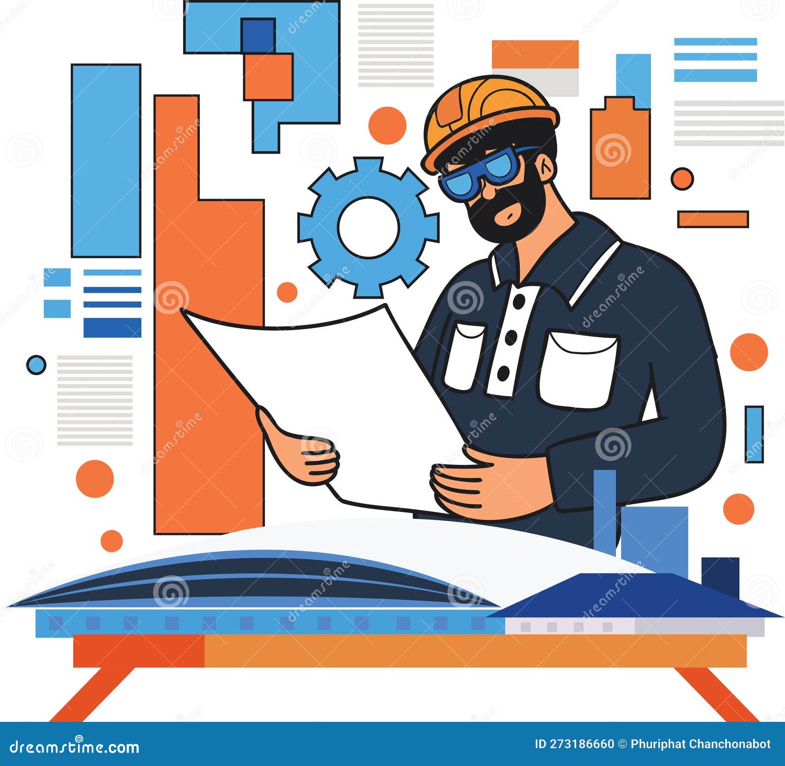 Male Engineer Creating Blueprints and Plans Illustration in Doodle ...