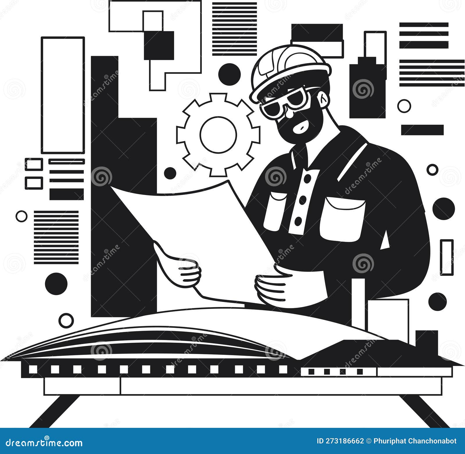 Male Engineer Creating Blueprints and Plans Illustration in Doodle ...