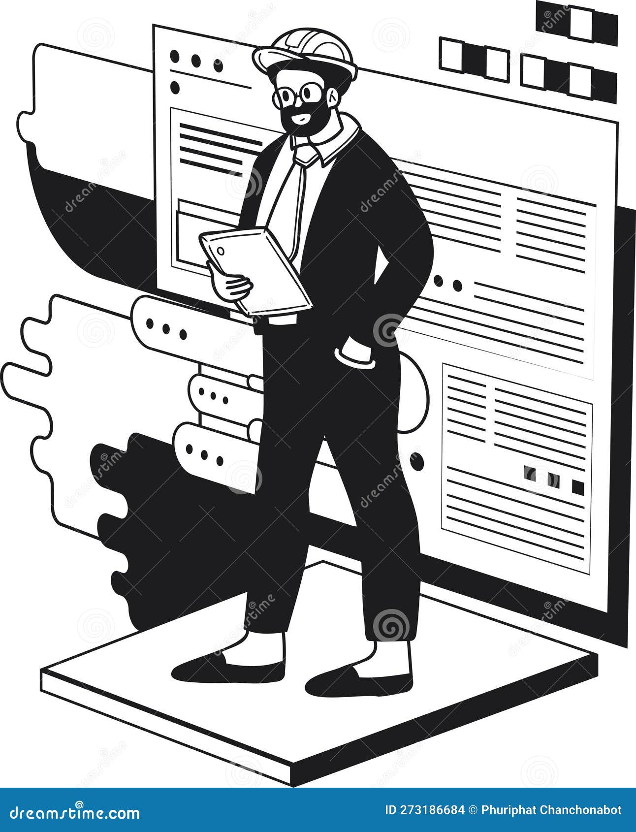 Male Engineer Creating Blueprints and Plans Illustration in Doodle ...