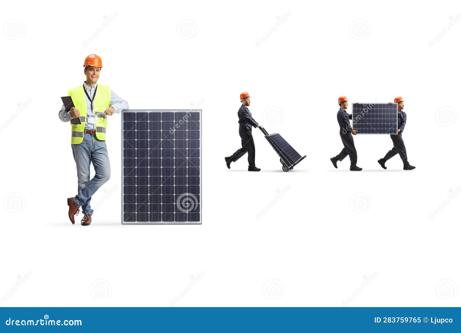 Male Engineer Posing with a Solar Panel and Workers Carrying Panels in ...