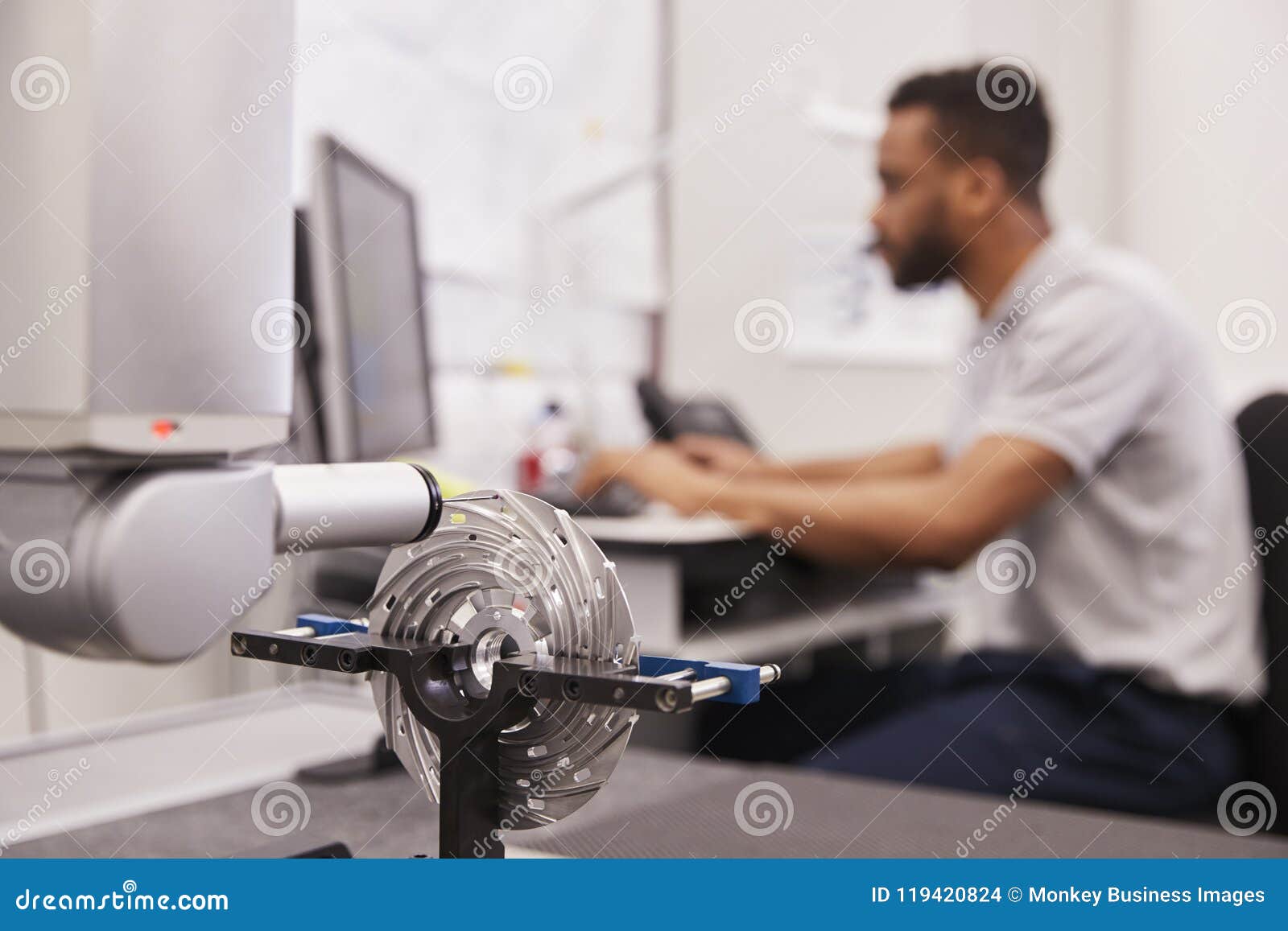 Male Engineer Uses CMM Coordinate Measuring Machine in Factory Stock ...