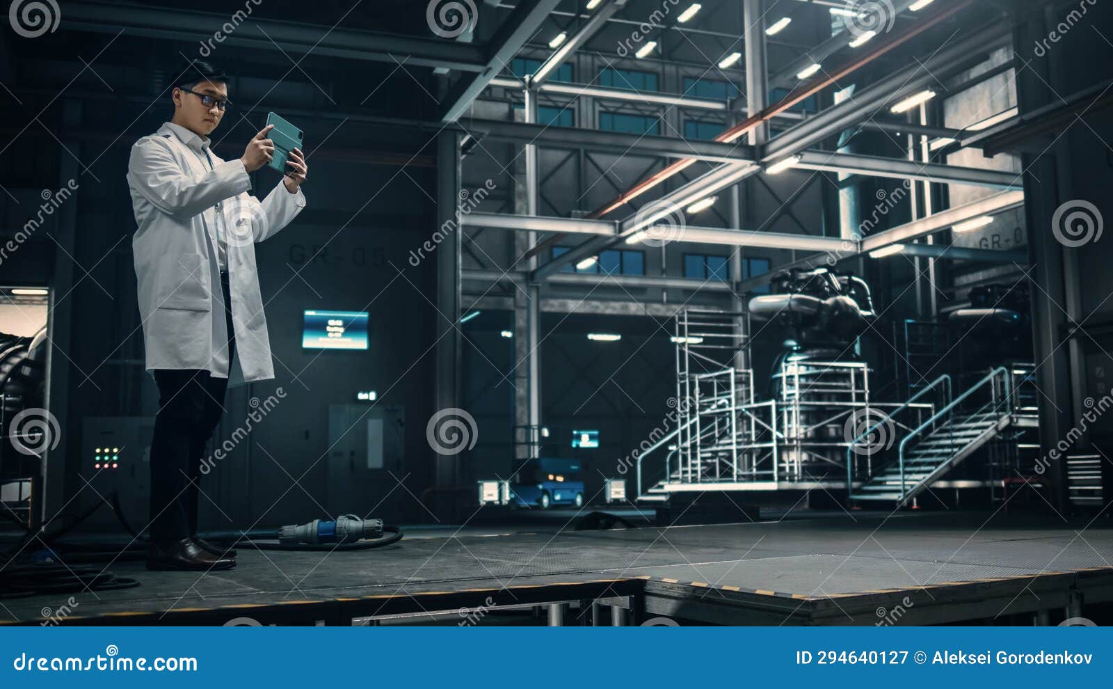 Male Engineer Uses Tablet Computer while Working in an Industial ...
