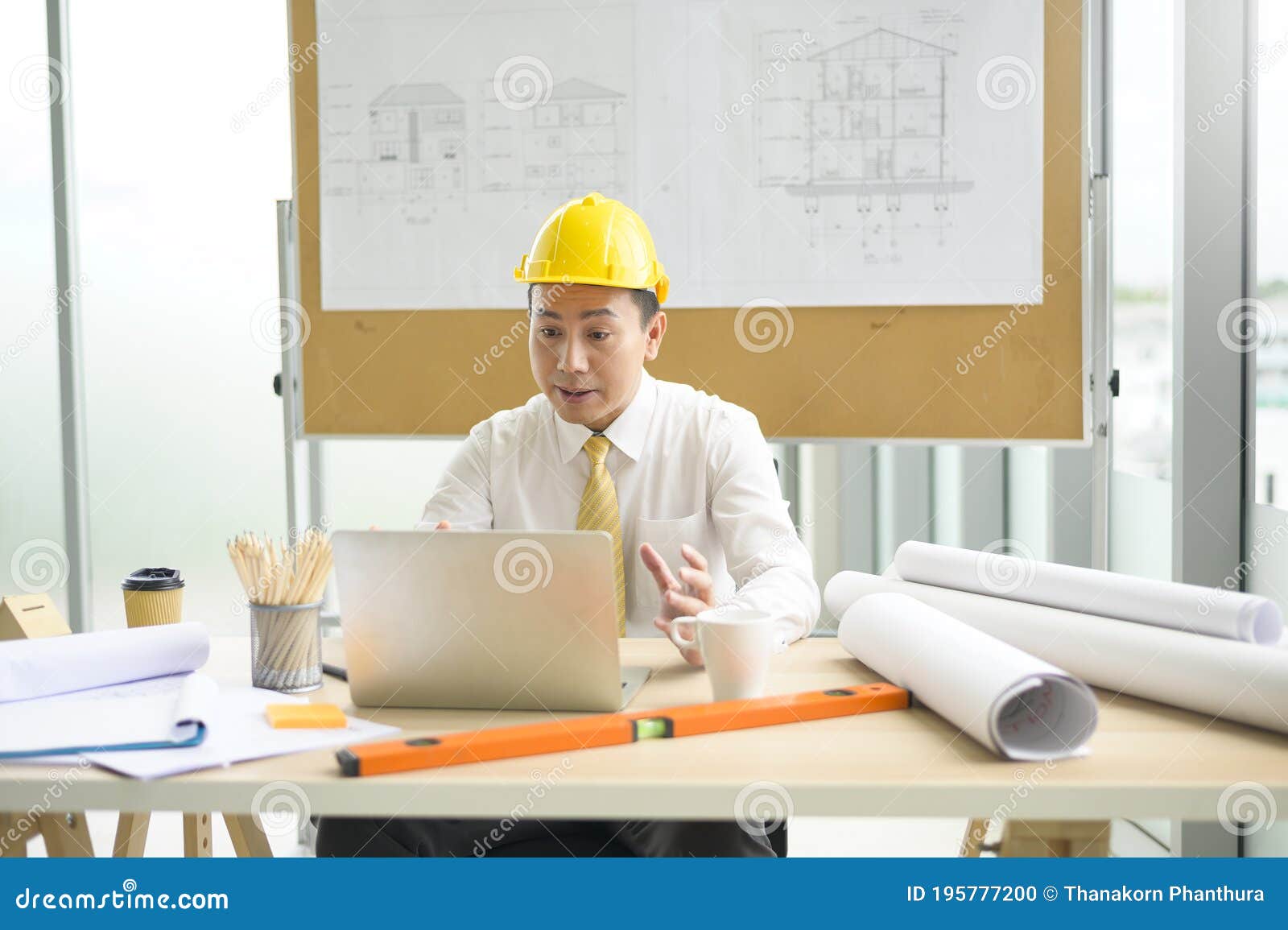 Male Engineer Using Laptop, Making Video Call To Client or Business ...