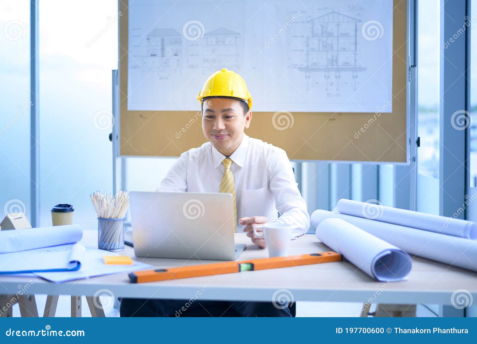 Male Engineer Using Laptop, Making Video Call To Client or Business ...