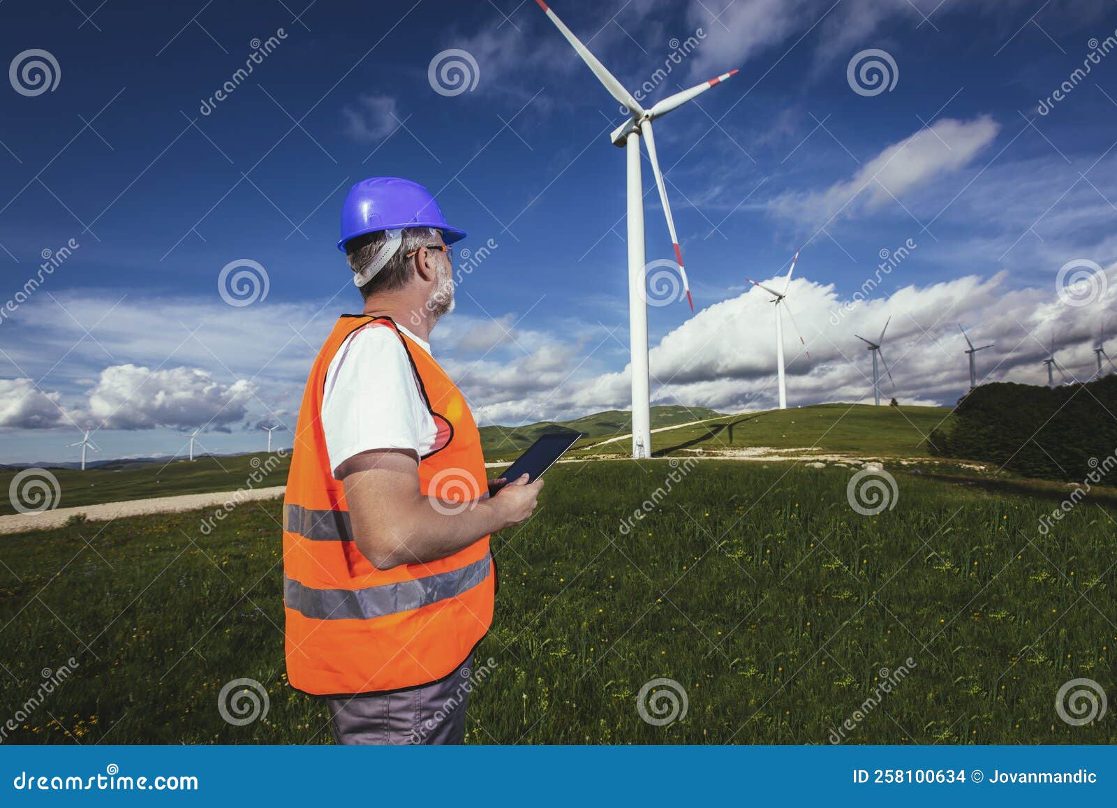 Engineer on Windmill Farm for Electric Power Production Stock Photo ...