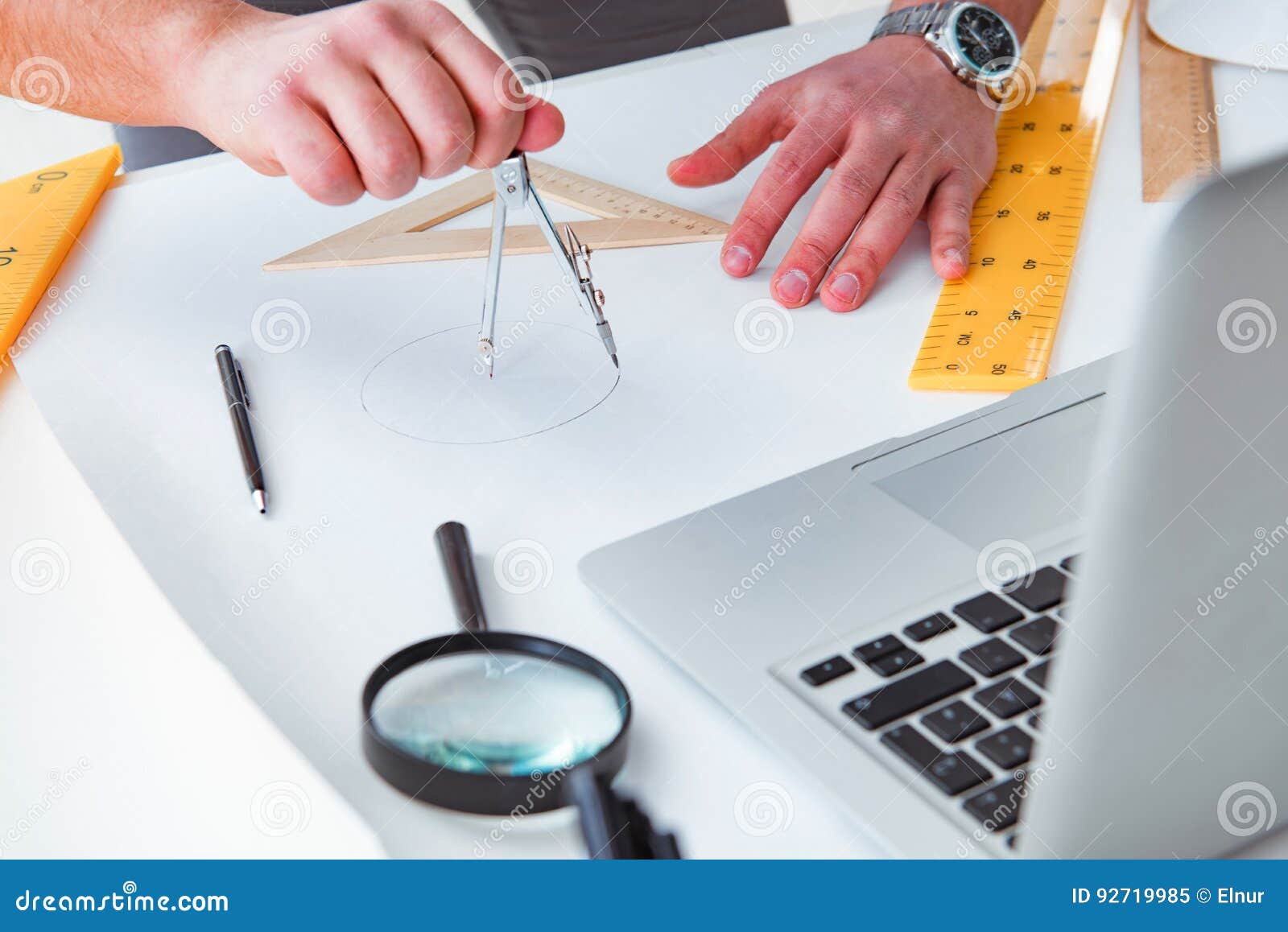 The Male Engineer Working on Drawings and Blueprints Stock Image ...