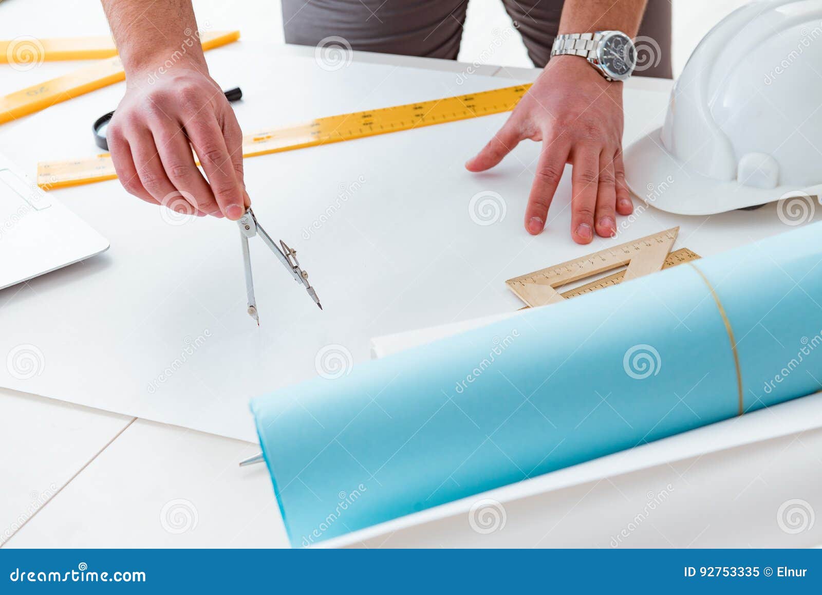 The Male Engineer Working on Drawings and Blueprints Stock Image ...