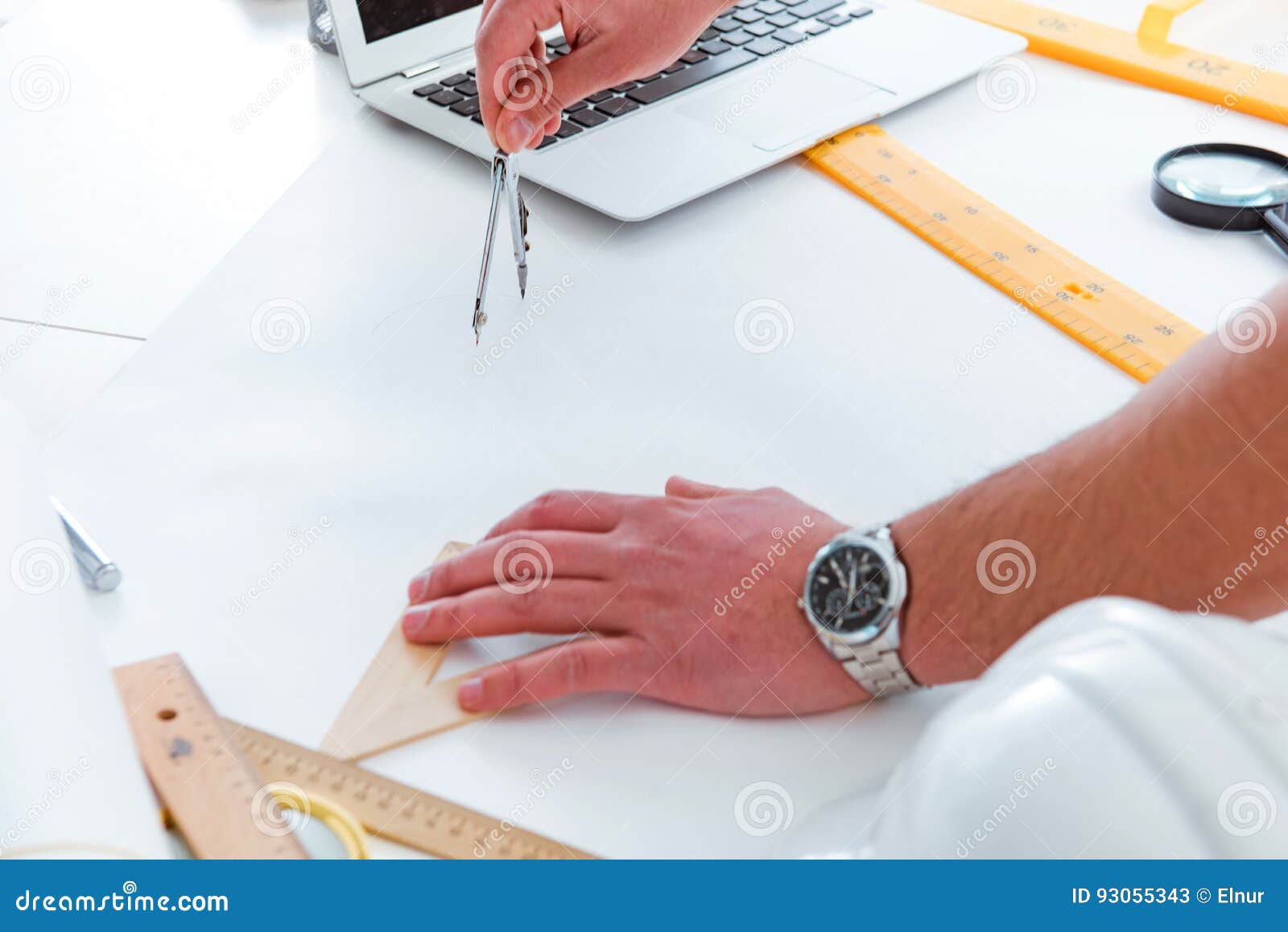 The Male Engineer Working on Drawings and Blueprints Stock Image ...