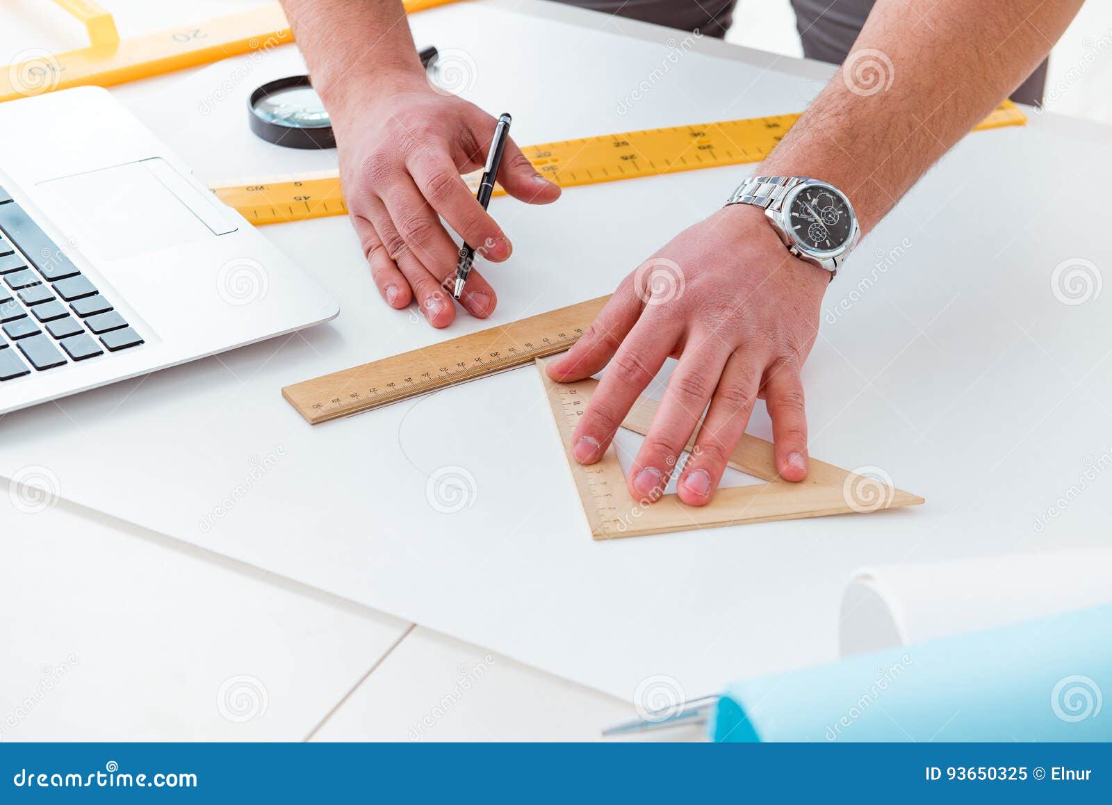 The Male Engineer Working on Drawings and Blueprints Stock Image ...