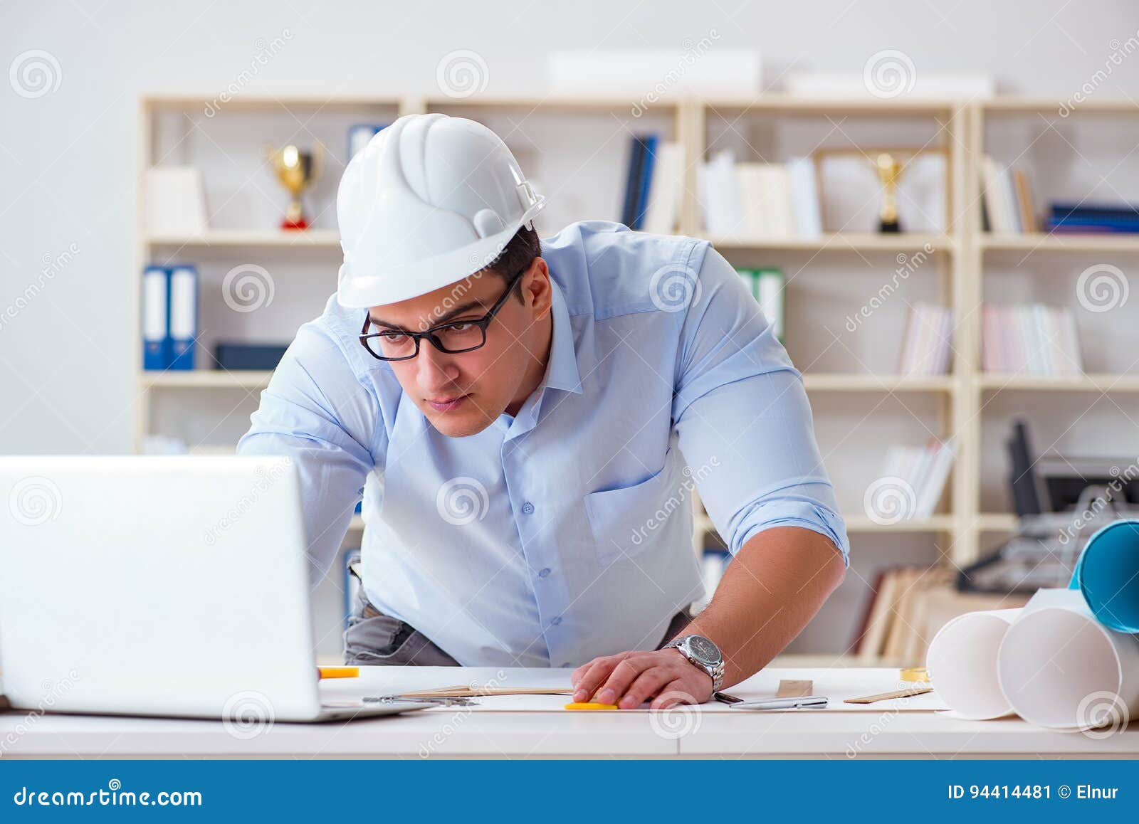 The Male Engineer Working on Drawings and Blueprints Stock Image ...