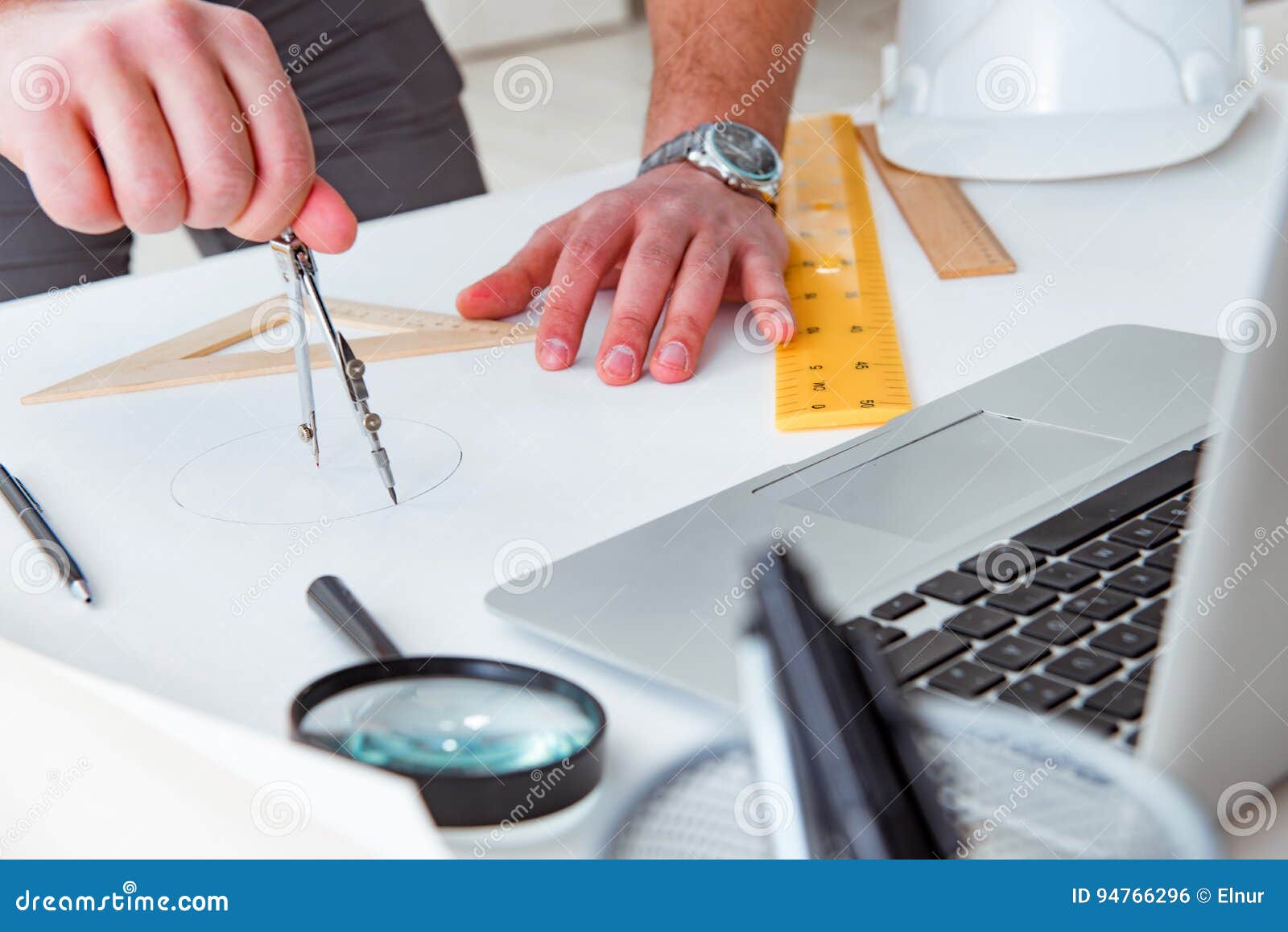 The Male Engineer Working on Drawings and Blueprints Stock Photo ...