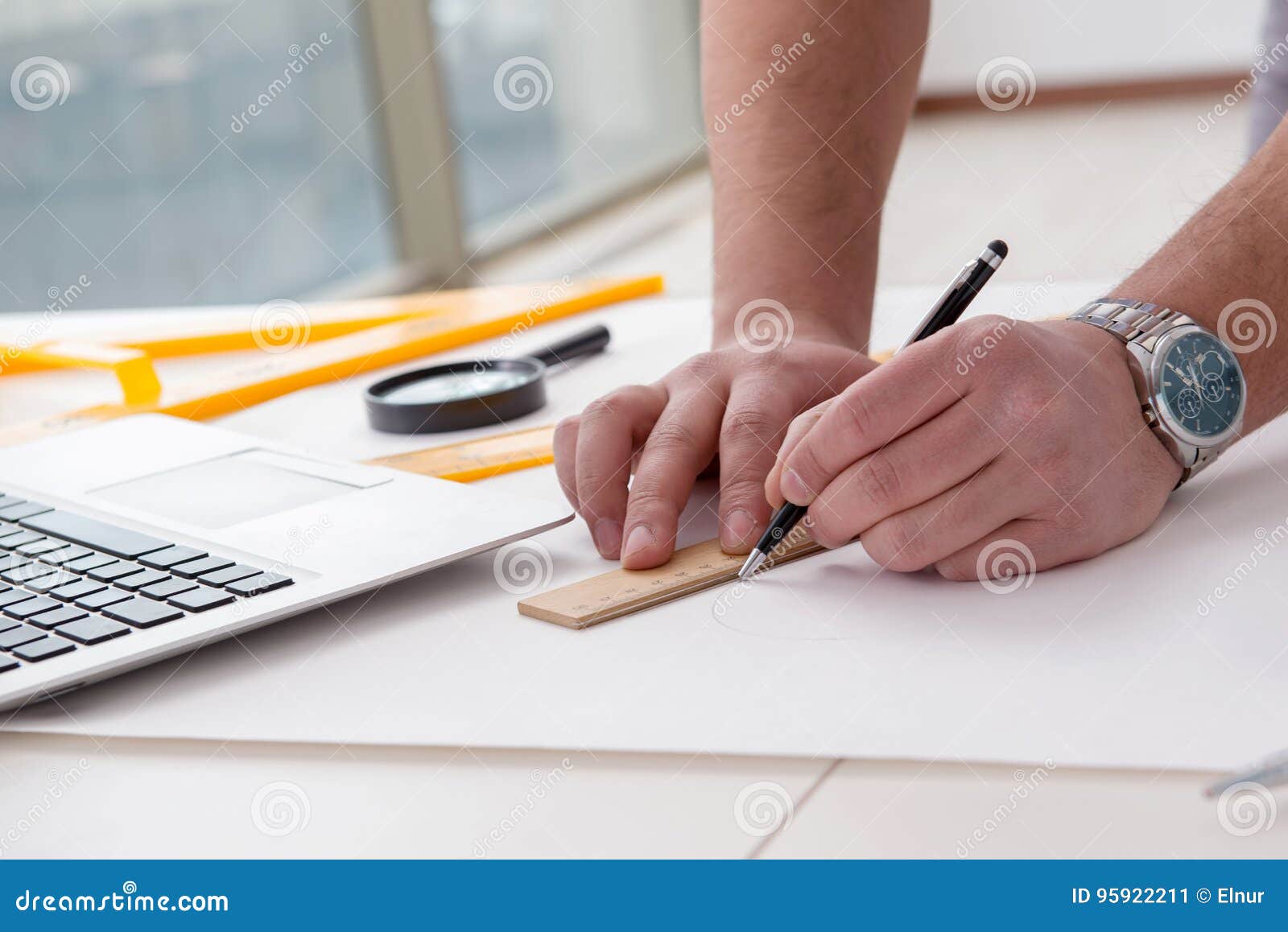 The Male Engineer Working on Drawings and Blueprints Stock Image ...