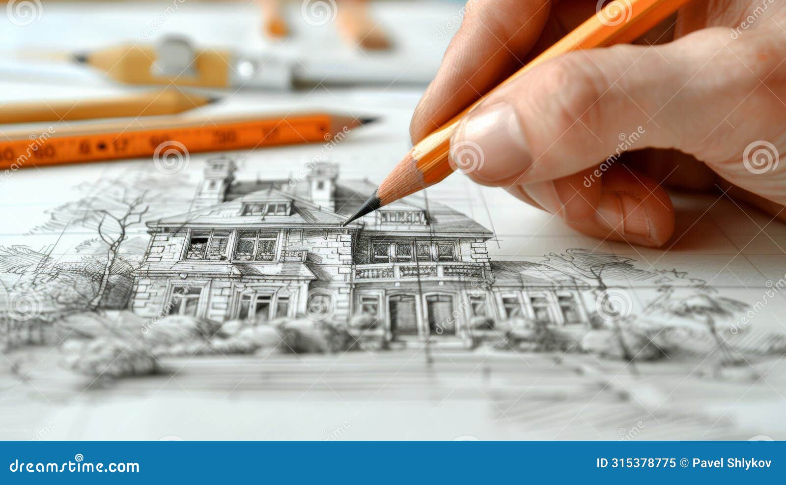 Male Engineer Works with Blueprints Laying on Table, Uses Pencil ...